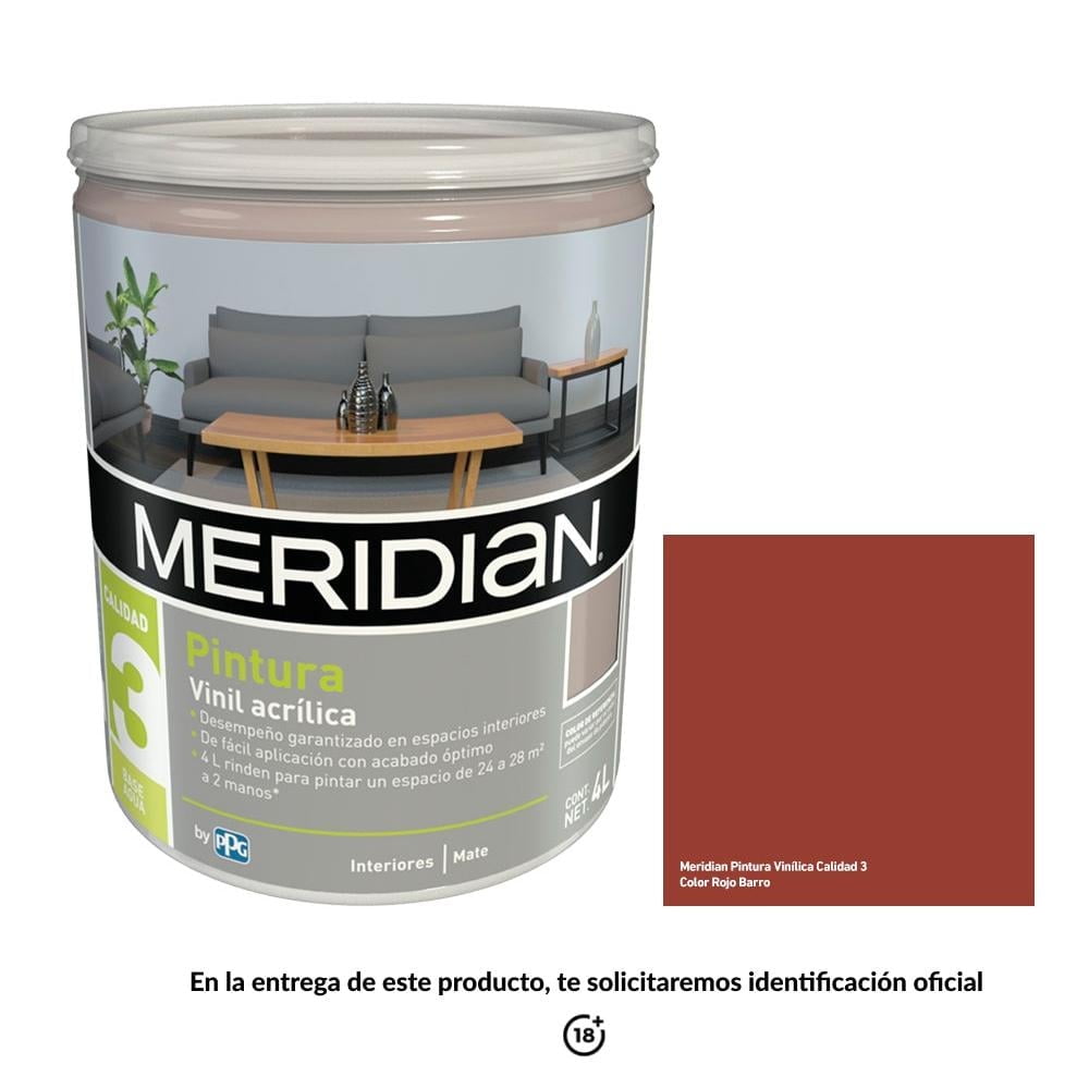 Pintura Meridian Clásica 3 años Color Rojo Barro 4 Litros | Bodega ...