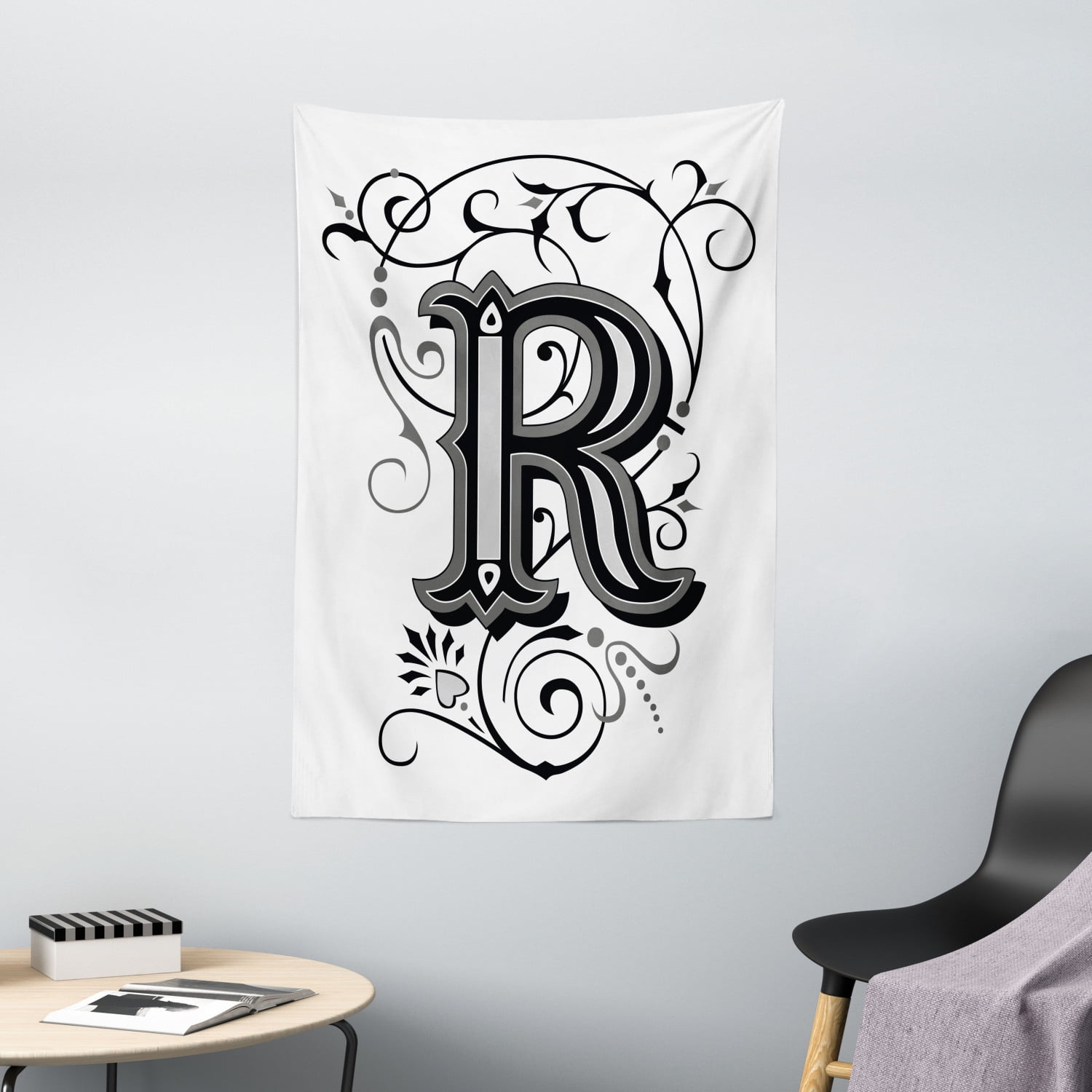 Letter R Tapestry, Baroque Antique R Typography with Old Fashion ...