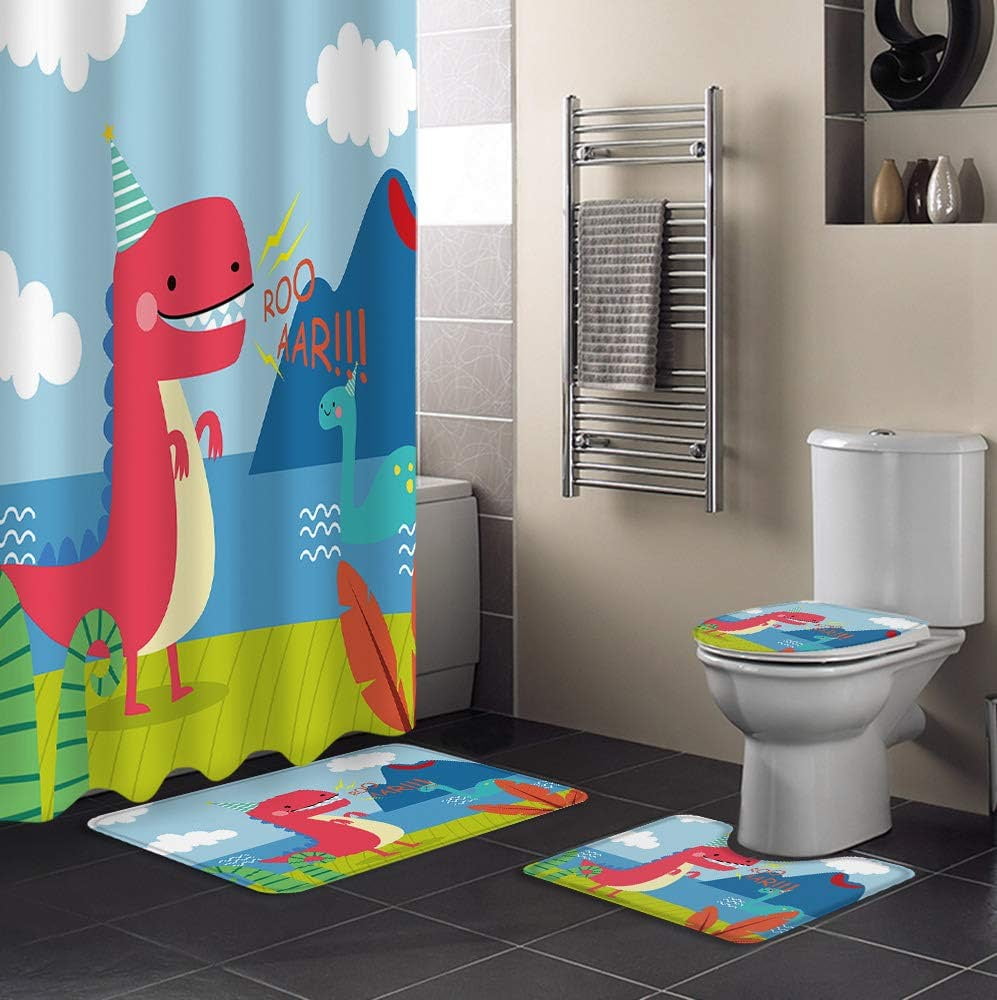 ZHANZZK Dinosaur 4 Piece Bathroom Set Shower Curtain Bath Rug Contour ...