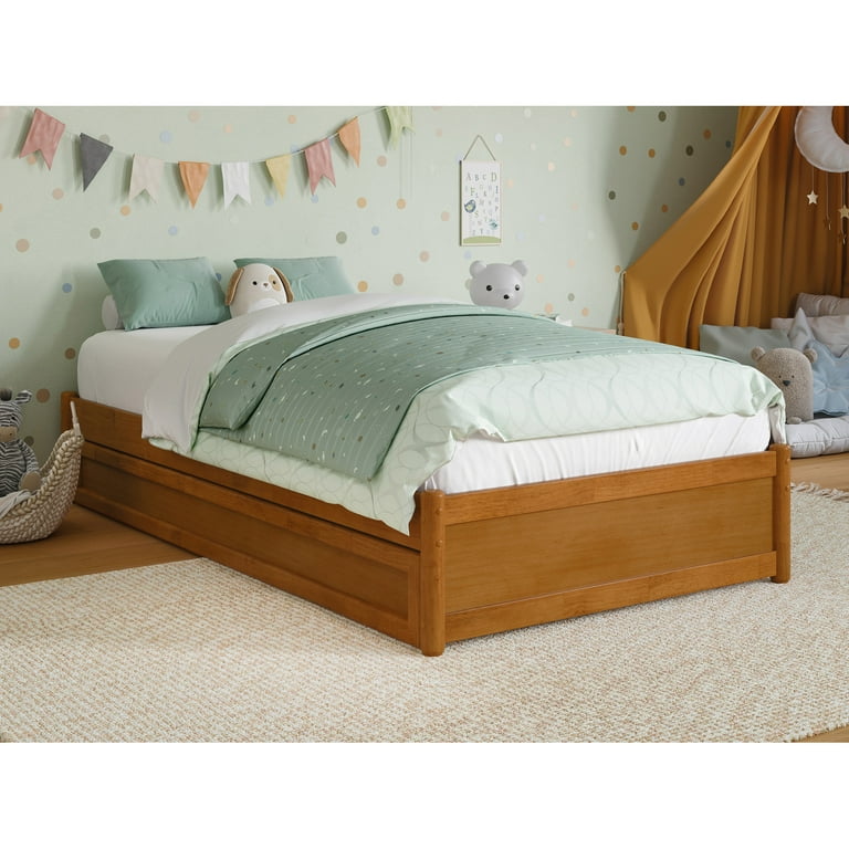 Barcelona Twin Solid Wood Panel Platform Bed with Twin Trundle in Light Toffee
