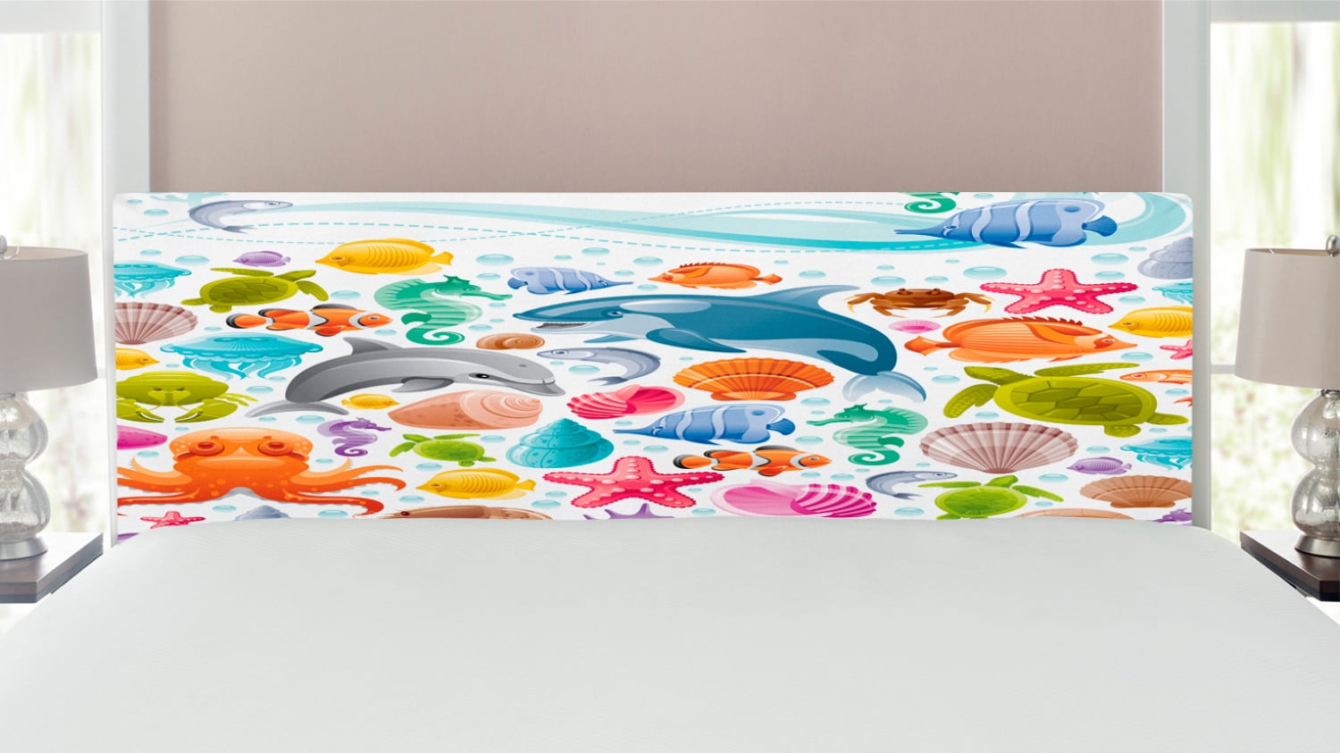 Tropical Animals Headboard, Diving Sea Fauna Pattern Marine Objects ...