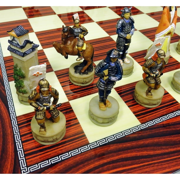 Japanese Samurai Warrior Chess Set W/ 17" HIGH GLOSS CHERRY COLOR BOARD ...