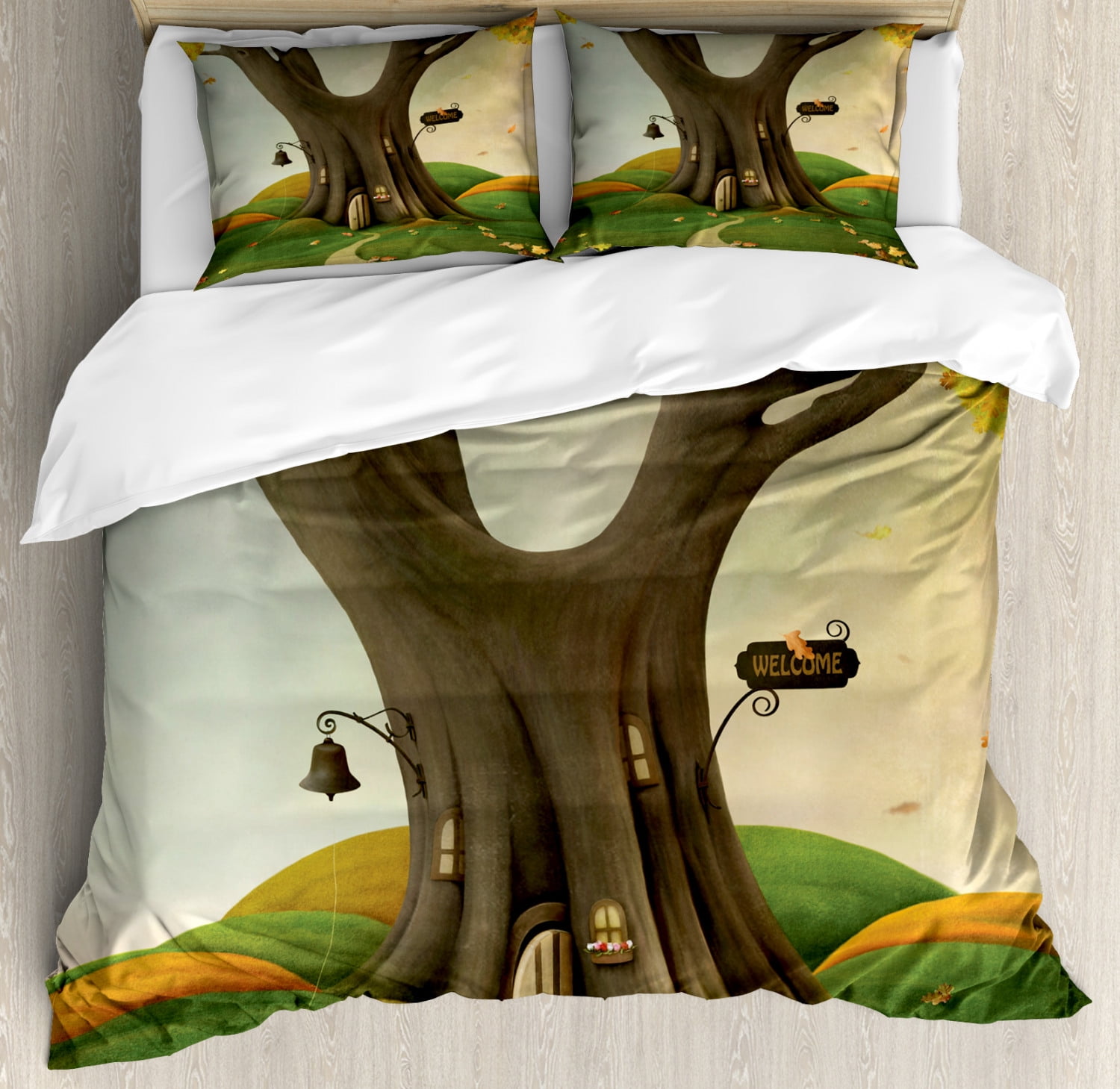 Tree Duvet Cover Set Queen Size, Fantastic Style Cosy Tree Trunk House ...