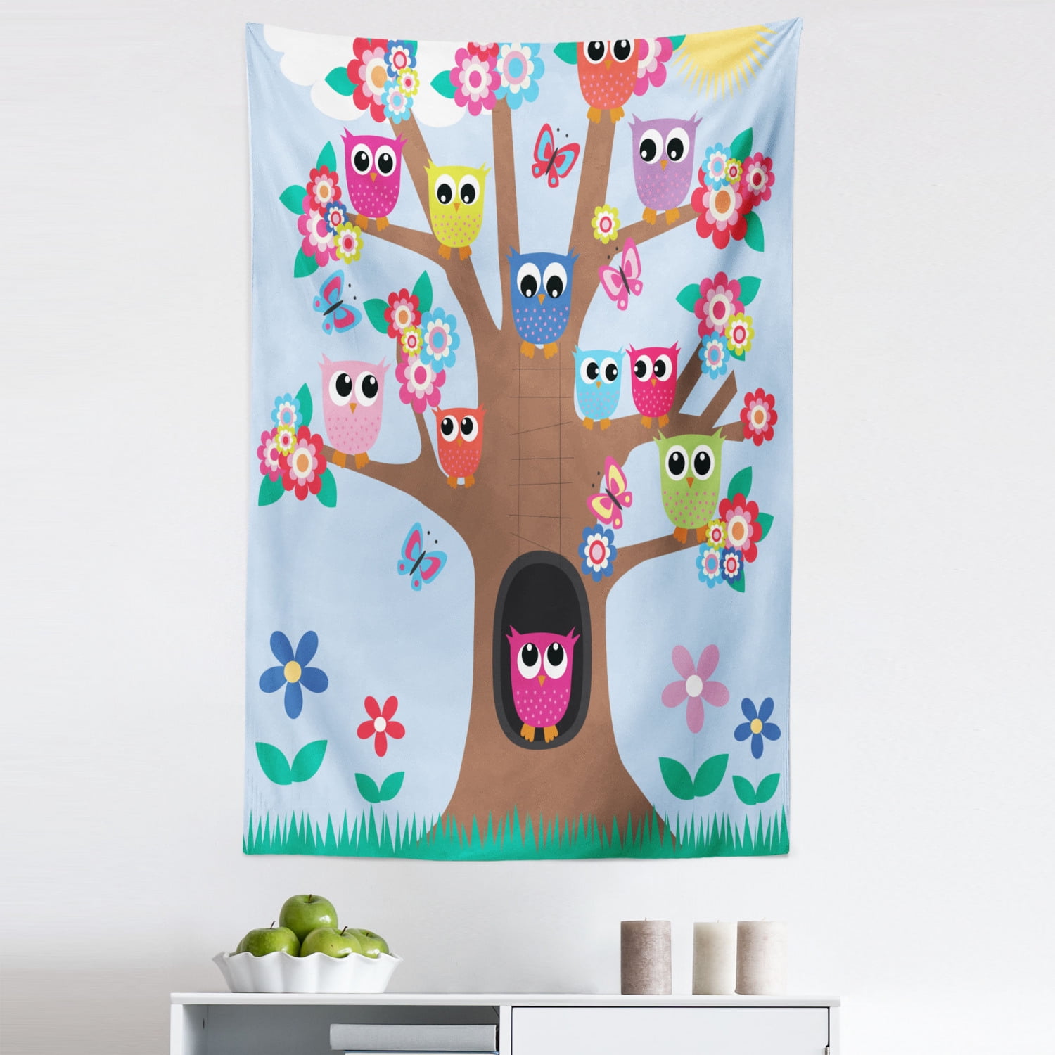Owl Tapestry, Cartoon Birds and Butterflies on a Tree Style Composition ...