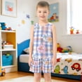 Blue Pink Gingham Pattern with Flowers Pajamas Set Sleeveless Sleepwear ...