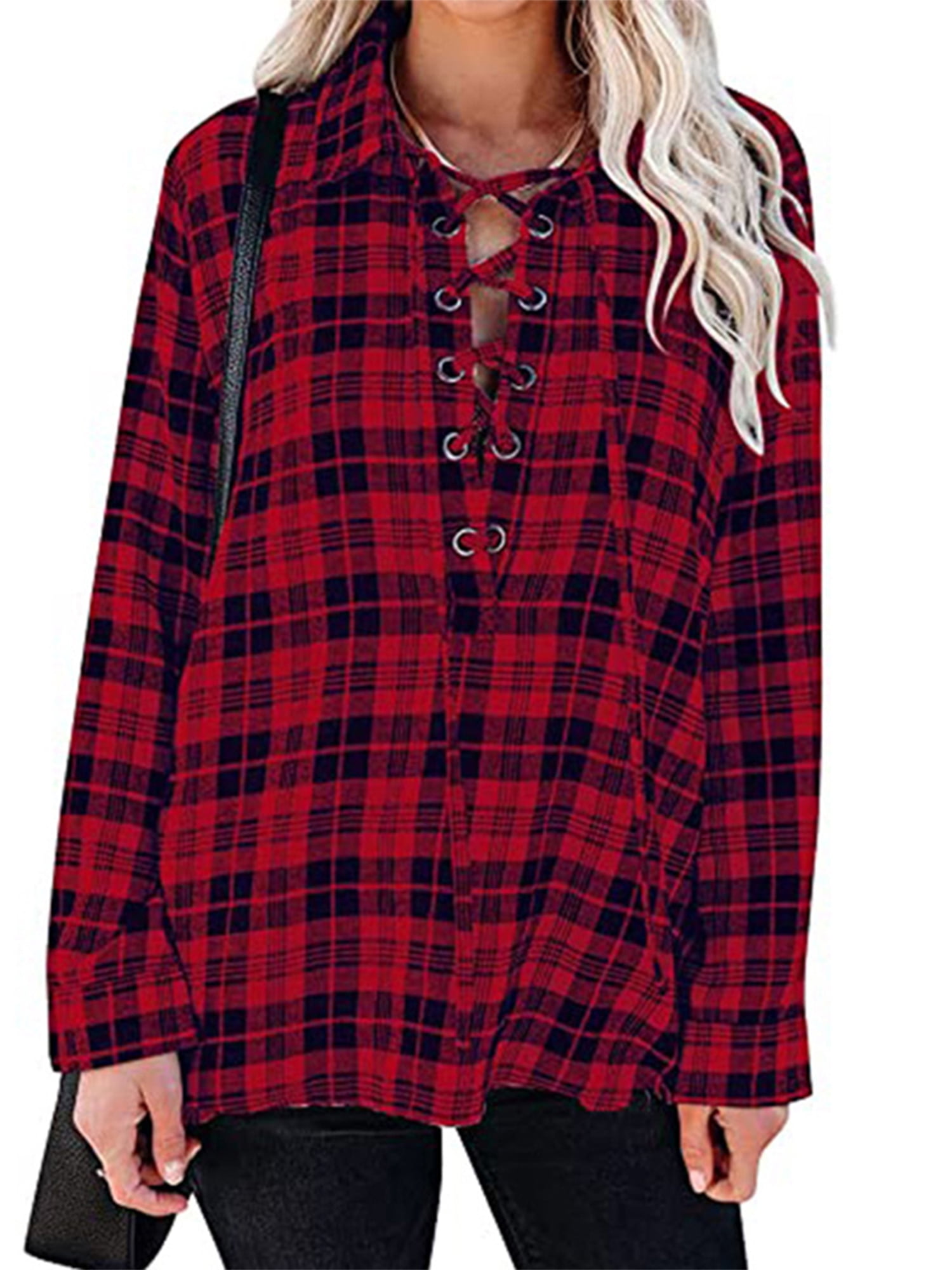 ZQC Girls Long Sleeve Loose Shirt Lapel Plaid Placket Front Blouse ...