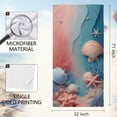 Boho towels a beach scene with shells and corals on a blue background ...