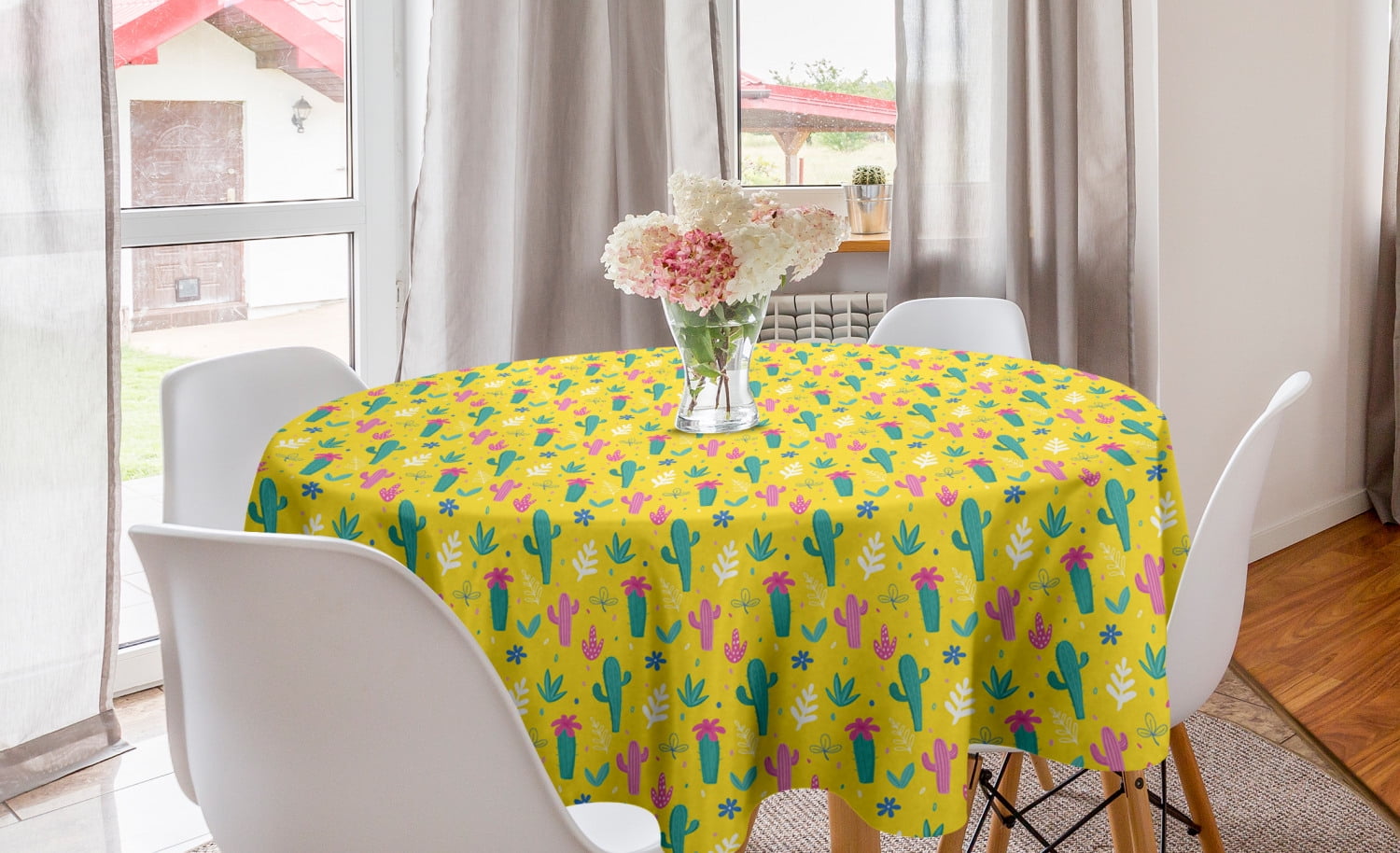 Cactus Round Tablecloth, Desert Themed Plantation with Palm Leaves and ...