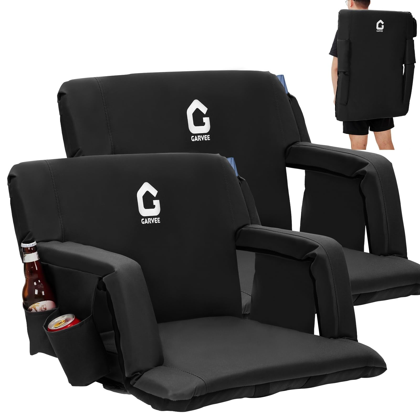 Garvee 20.5 Wide Stadium Seats With Back Support  6 Adjustable Angle  Pockets  Cup Holders  Black 20.5 Wide