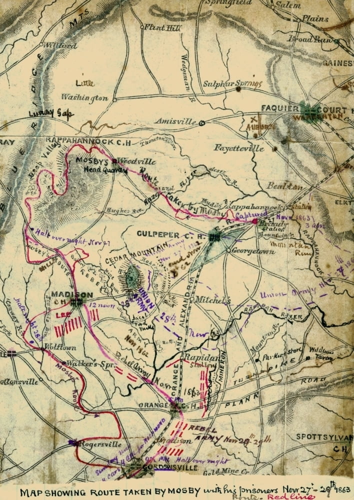 Map showing route taken by Mosby with his prisoners, Nov. 27th-29th ...