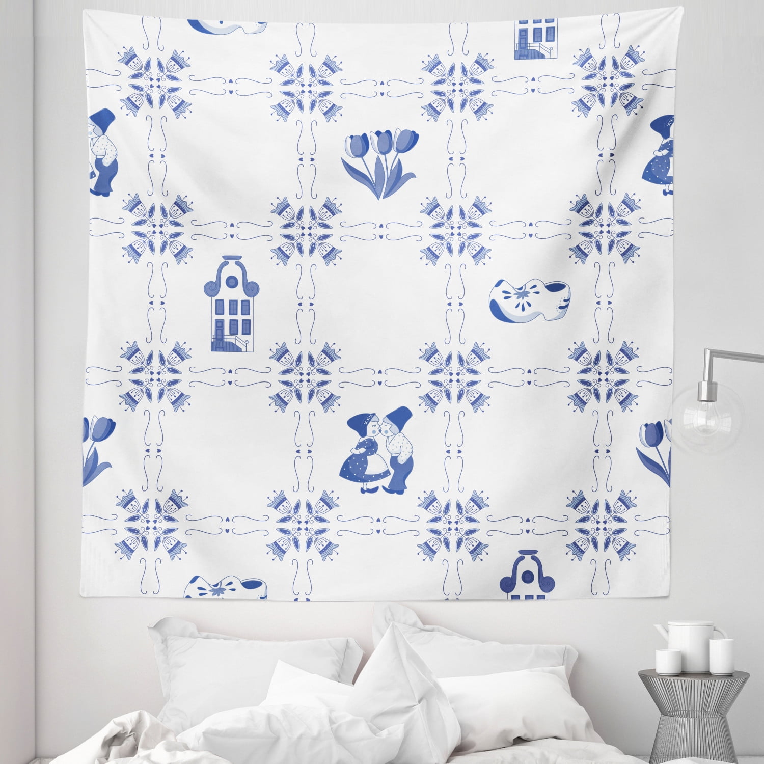 Vintage Blue Tapestry, Symbolic Dutch Cultures with Clogs Canal Houses ...