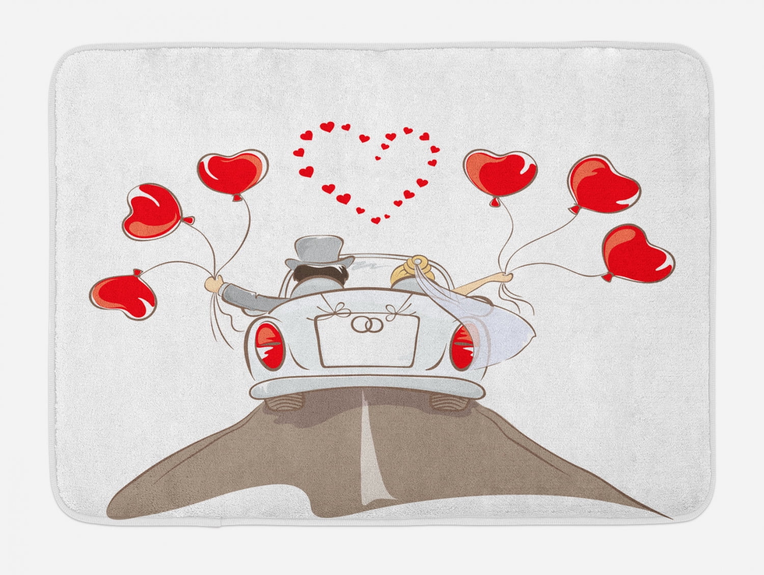 Wedding Bath Mat, Newlywed Couple in Vintage Car with Heart Shaped ...