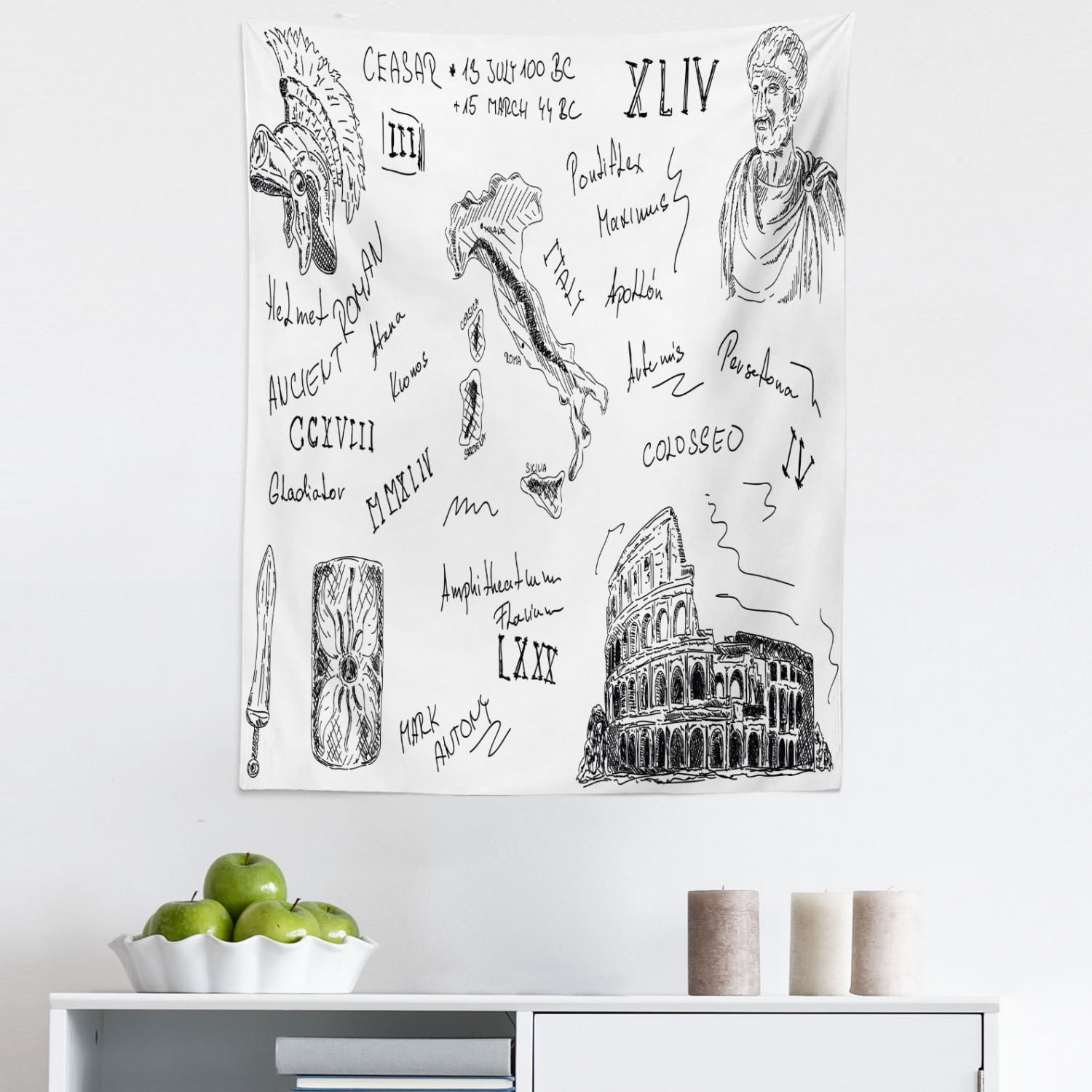 Retro Tapestry, Roman Period Caesar Colosseum Gladiator and Map Sketch ...