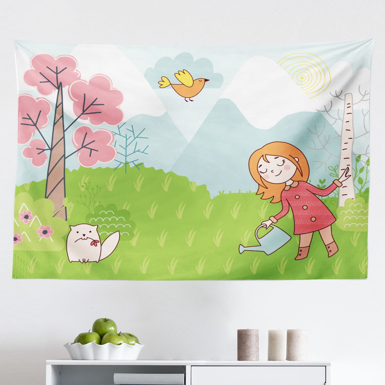 Cartoon Tapestry, Childish Art with Floral Horse in Forest Doodle ...
