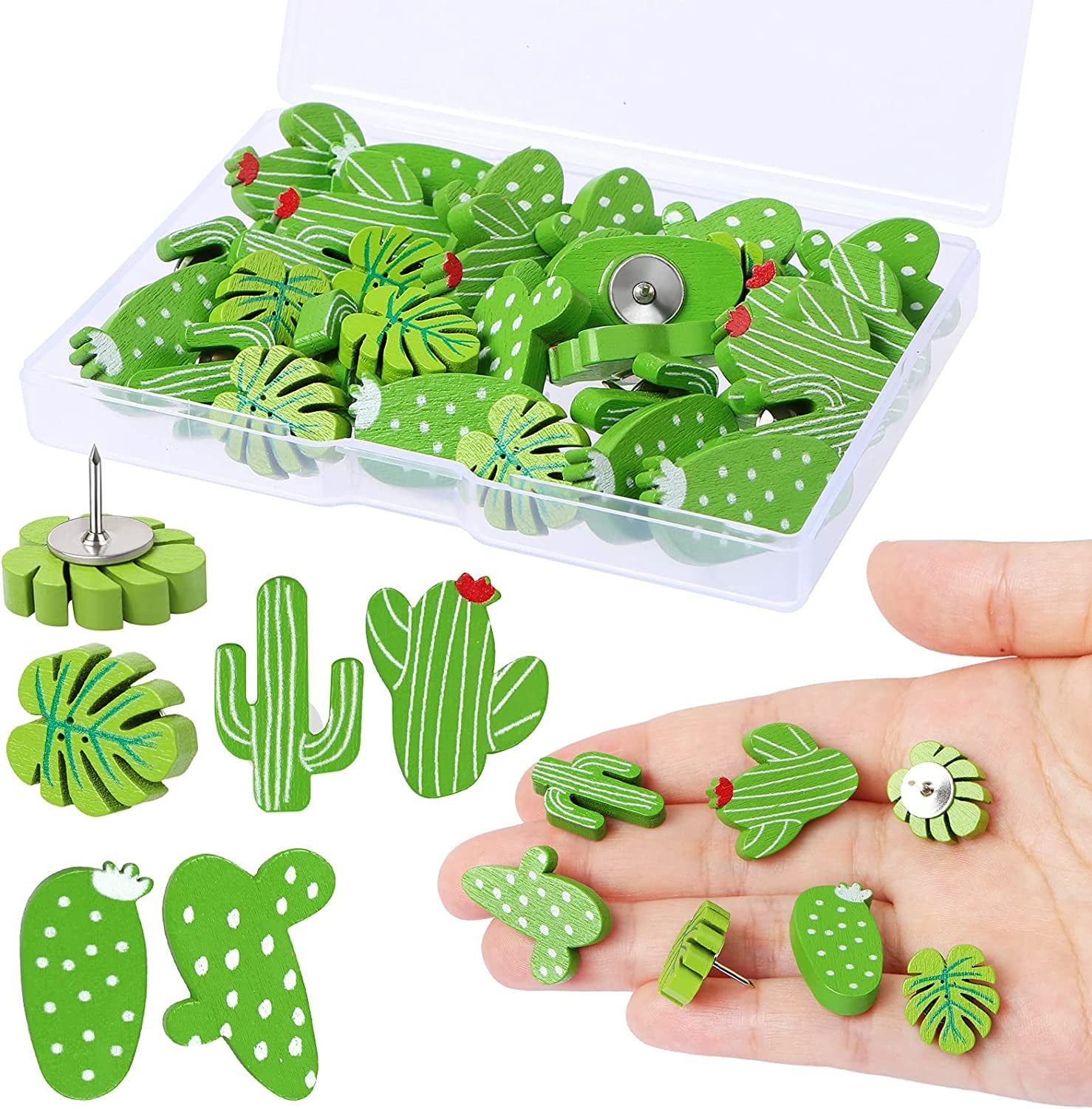 30 Pcs Cactus Push Pins, Wooden Cactus Plants Push Pins Cute Leaf Thumb ...