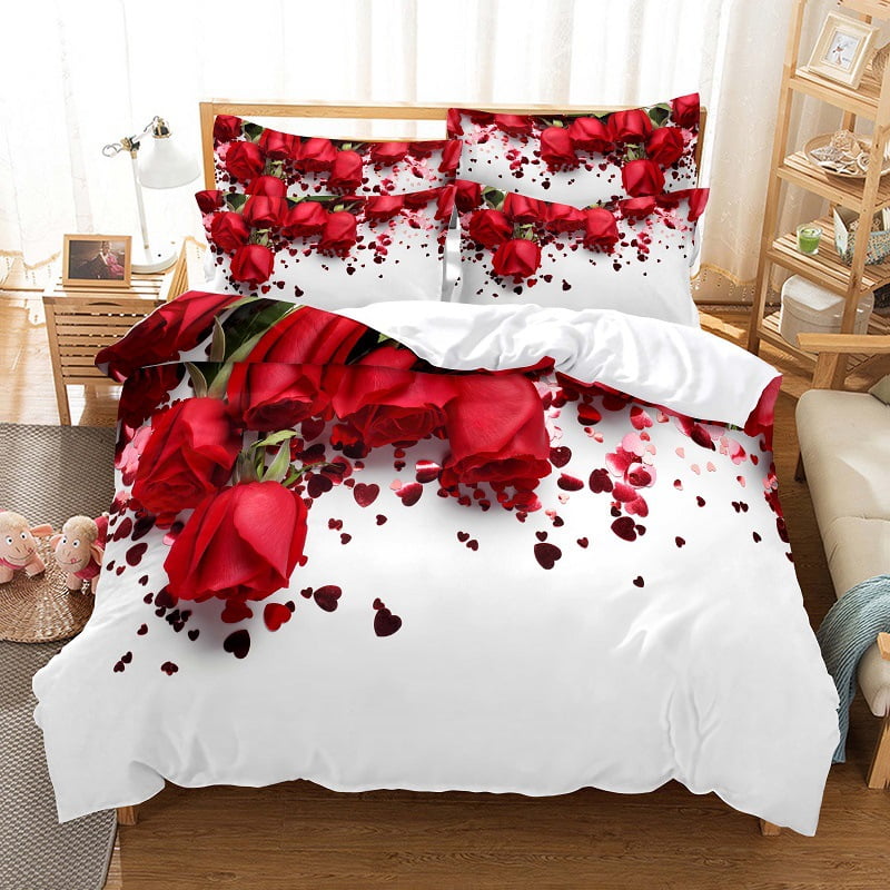 Red Rose Quilt Cover(Queen, +2 Pillow Cases ) Zipper Closure Quilt ...