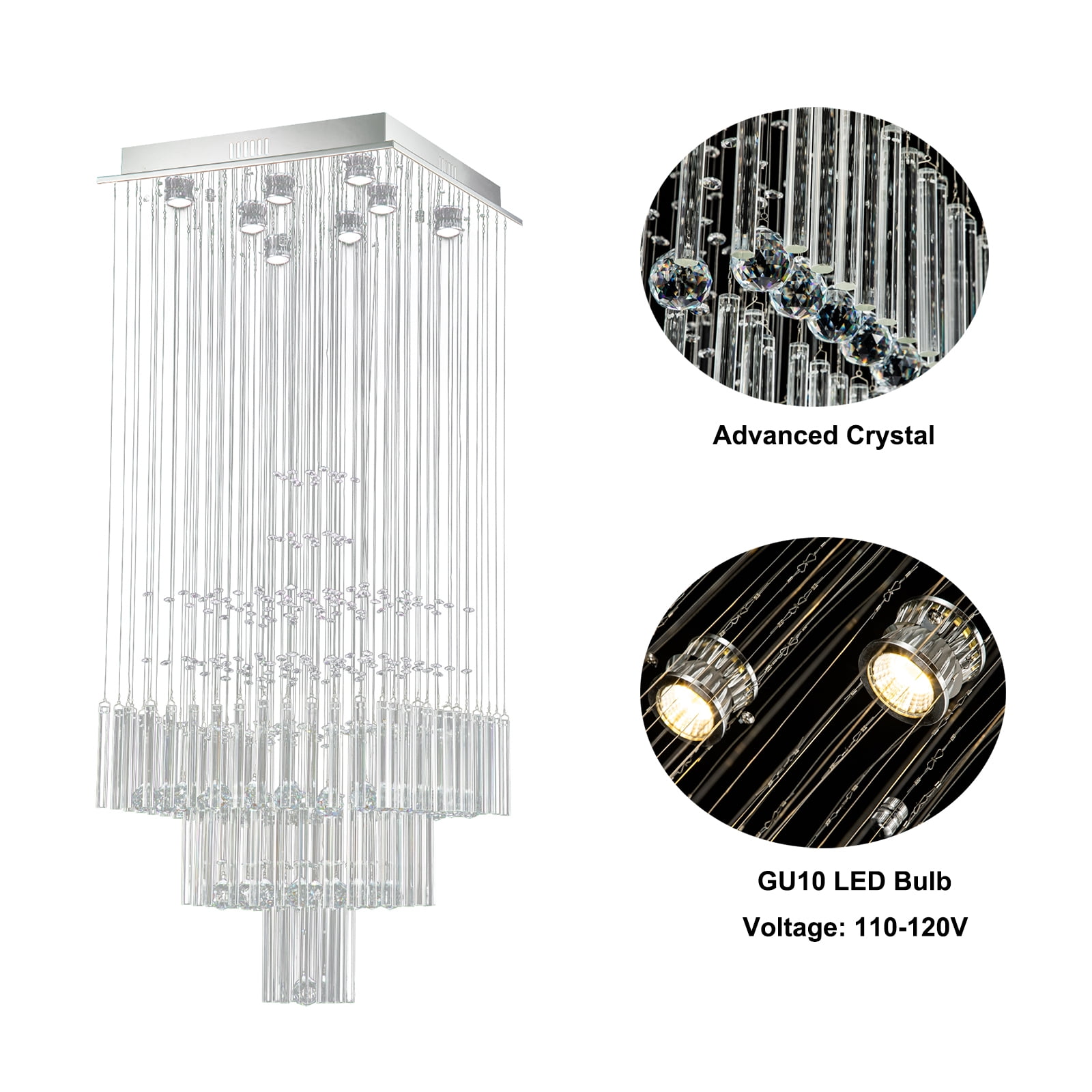 Miumaeov Modern Square Chandelier, Luxury 3-Tier Crystal Chandeliers, 8 ...