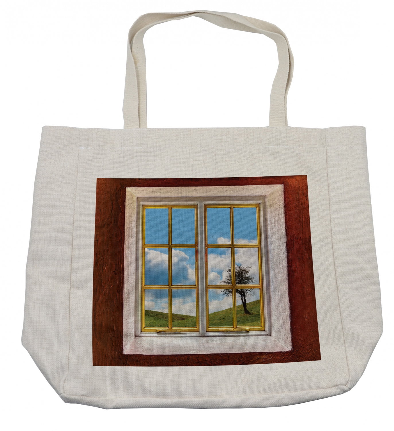 Rustic Shopping Bag, Meadow Grass with Tree Through Window Countryside ...