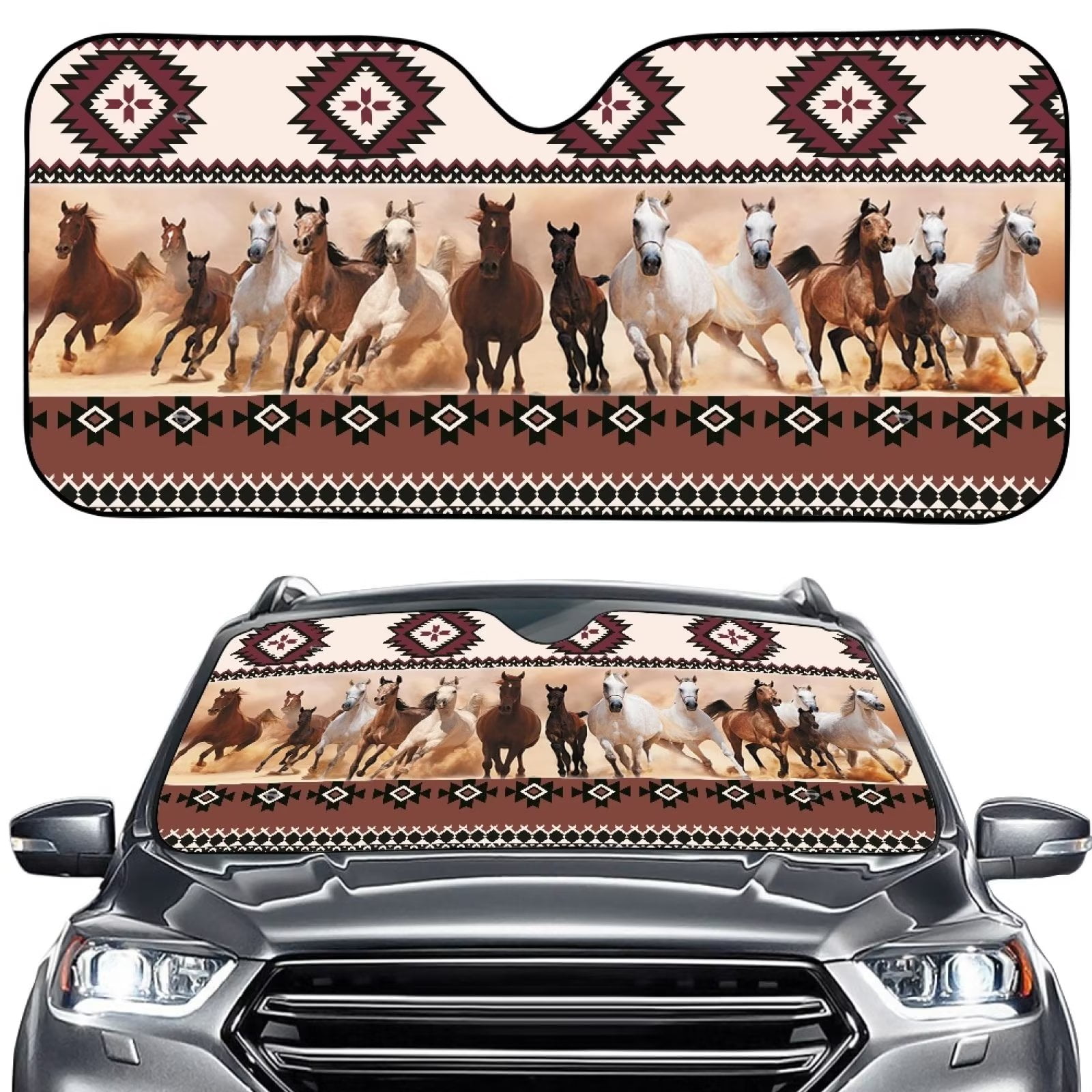 NETILGEN Aztec Ethnic Horse Tribe Pattern Car Sunshade Fold-Up Front ...