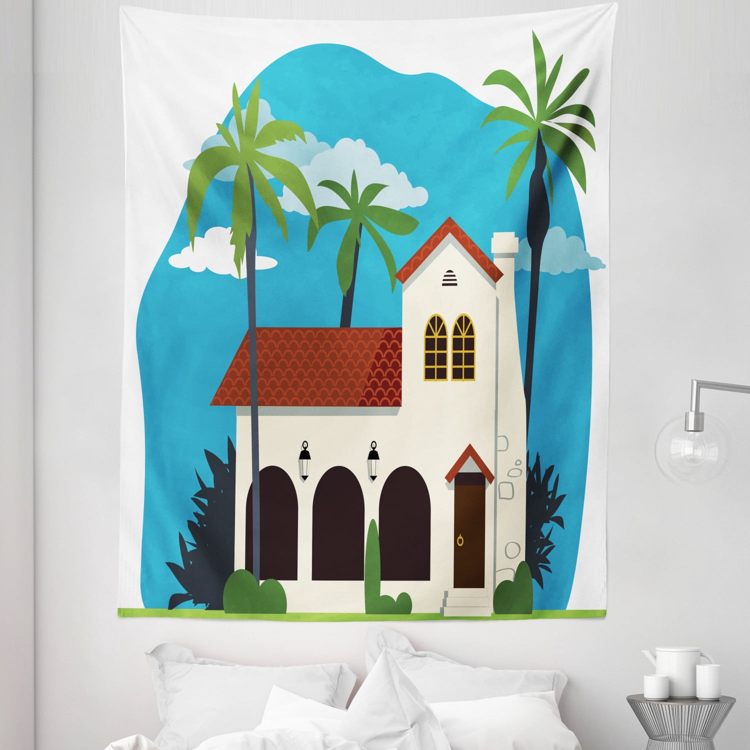 Spanish Tapestry, Old Fashioned Mediterranean Cottage House with Palm ...