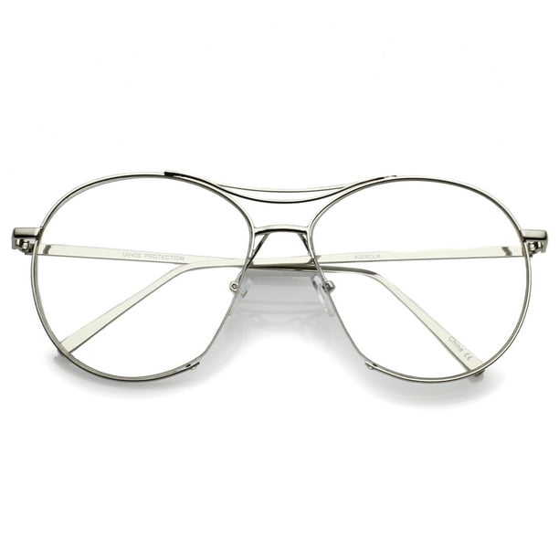 Oversize Semi-Rimless Brow Bar Round Clear Flat Lens Aviator Eyeglasses ...