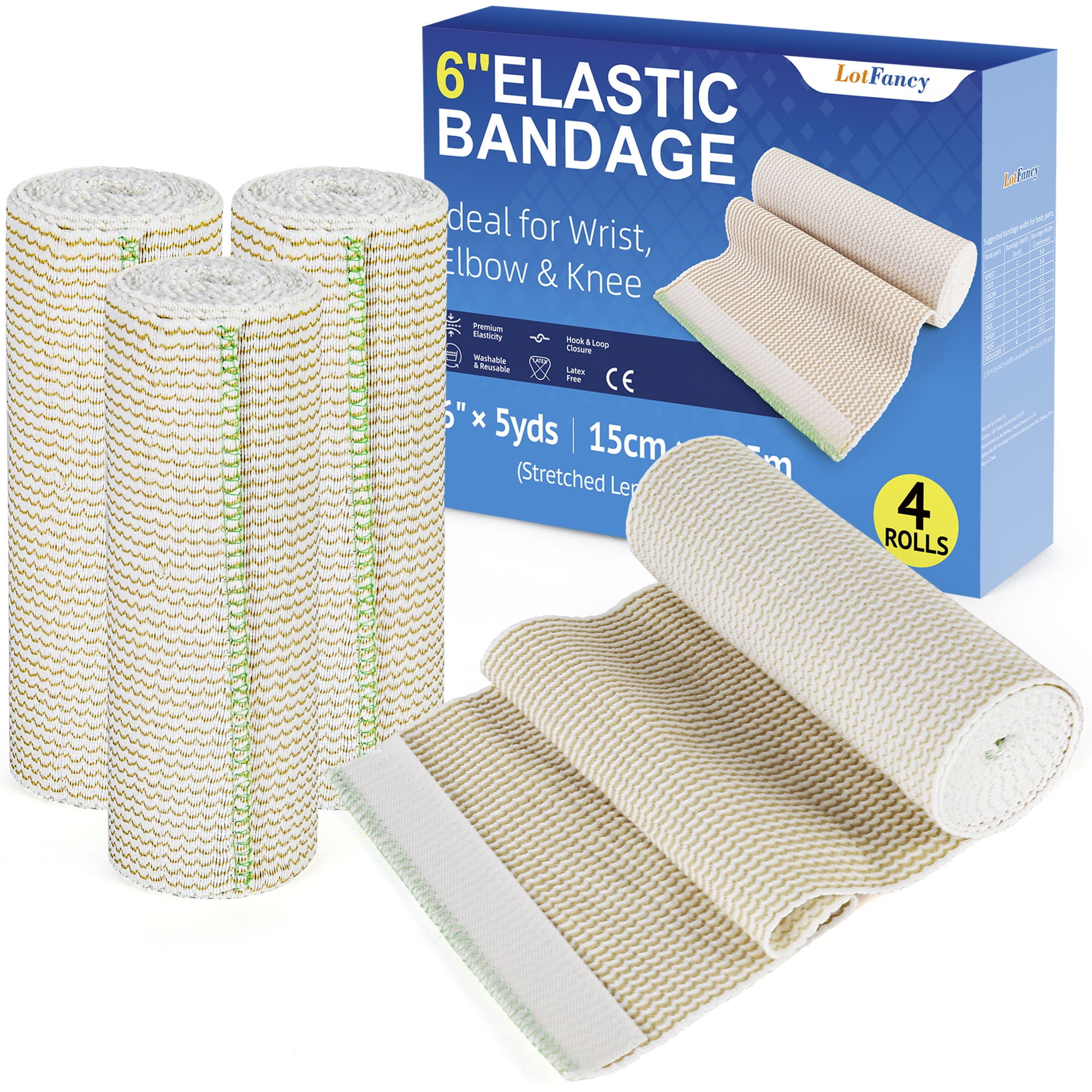 LotFancy 4 Pcs Cotton Elastic Bandage Wrap 6" x 15 FT, Hypoallergenic ...