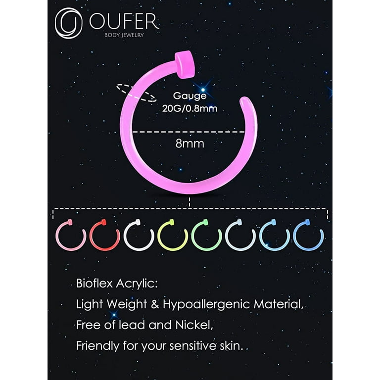 Nose Rings L Shaped 12-Pack Colorful Bioflex Nose Studs - 18G Plastic Retainer Rings (Heart ...