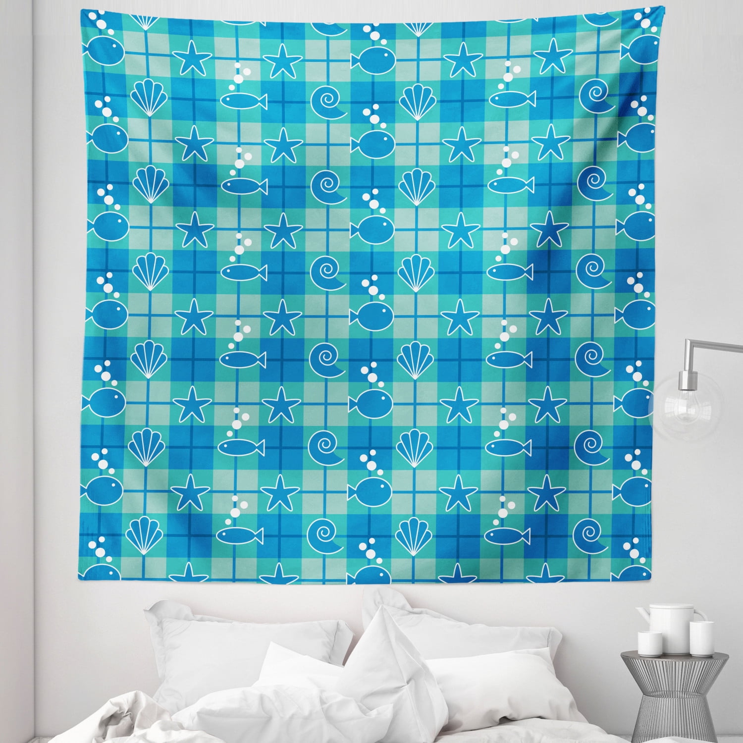 Sea Shells Tapestry, Plaid Pattern with Cartoon Marine Silhouettes Fish ...