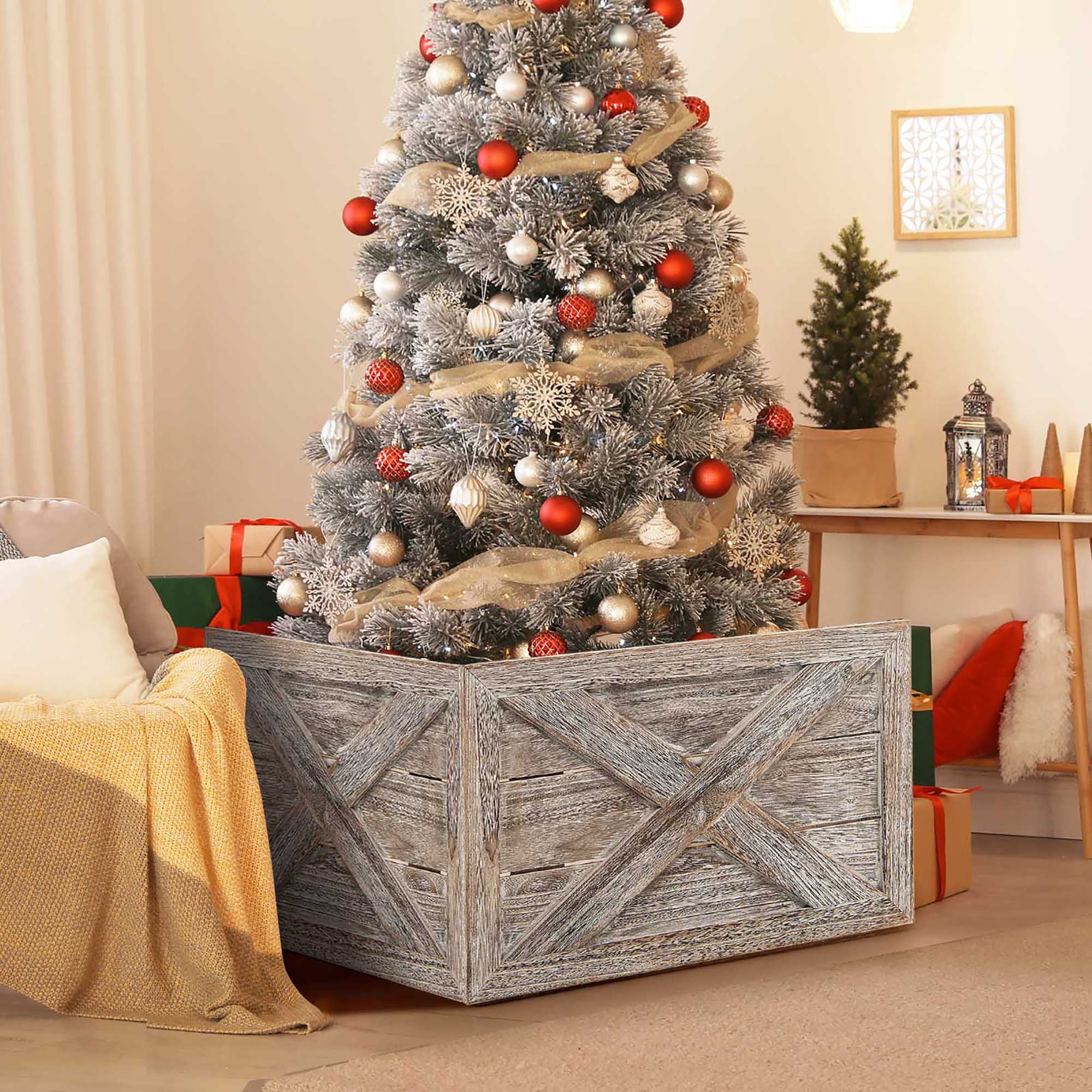 Gymax 37 x 27 inches Solid Wooden Christmas Tree Box w/ Hook & Loop ...