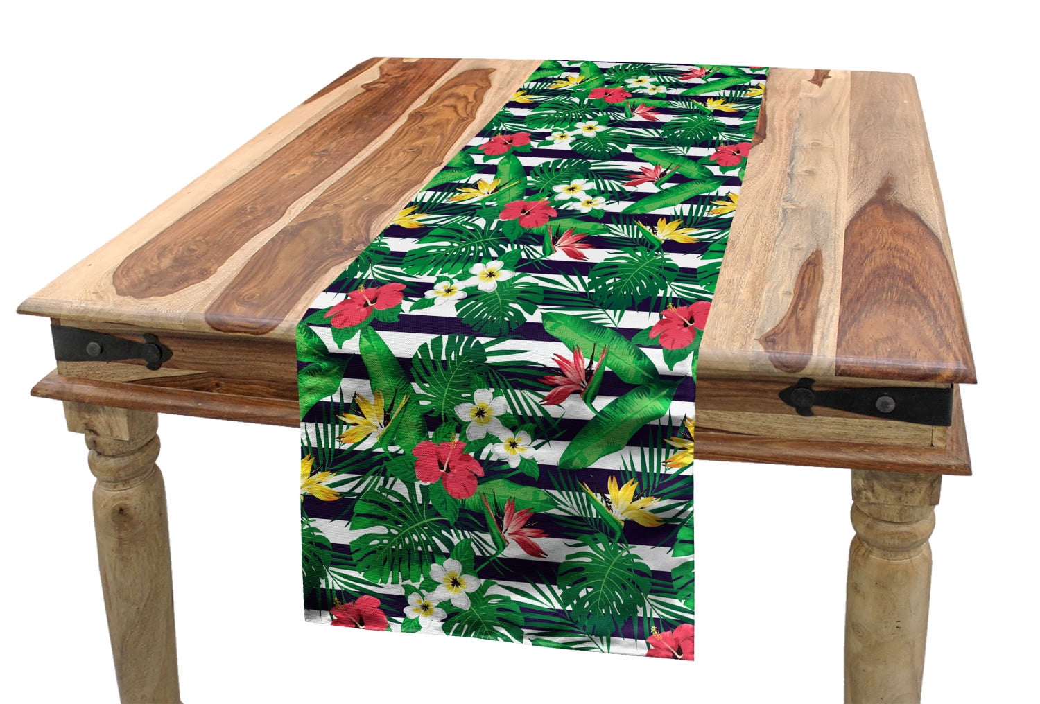 Exotic Table Runner, Repetitive Jungle Bouquets with Tropic Flowers and ...