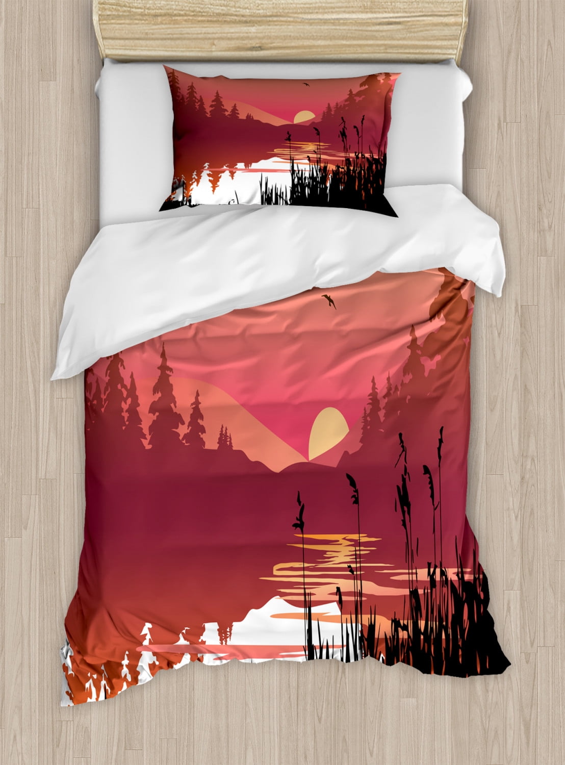 Landscape Twin Size Duvet Cover Set, Tranquil Sunset on River Bushes ...