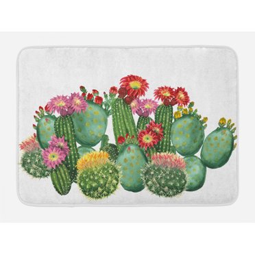 Cactus Bath Mat, Spring Garden with Boho Style Bouquet of Thorny Plants ...
