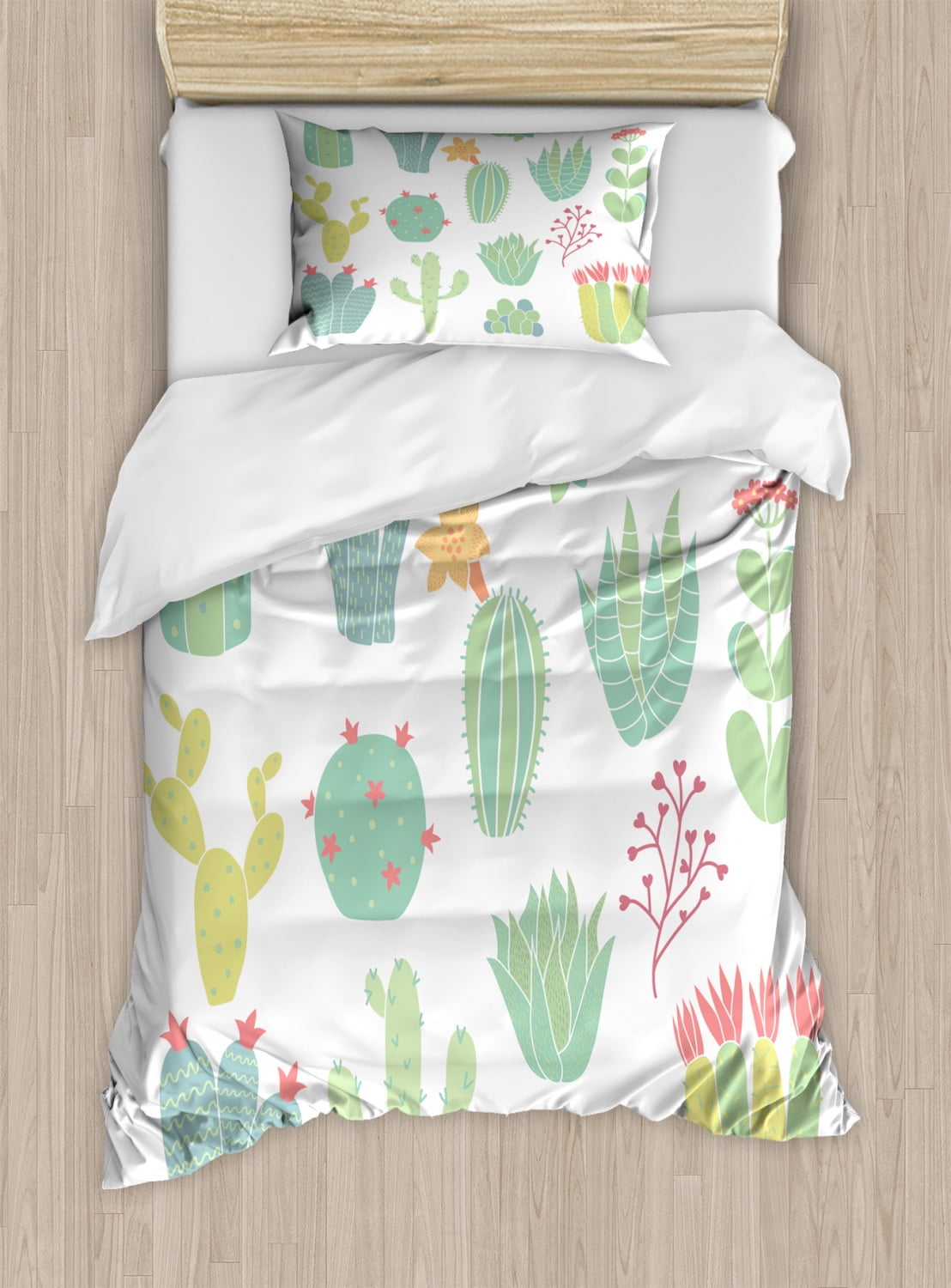 Cactus Twin Size Duvet Cover Set, Hand Drawn Cacti Pattern Blossoming ...