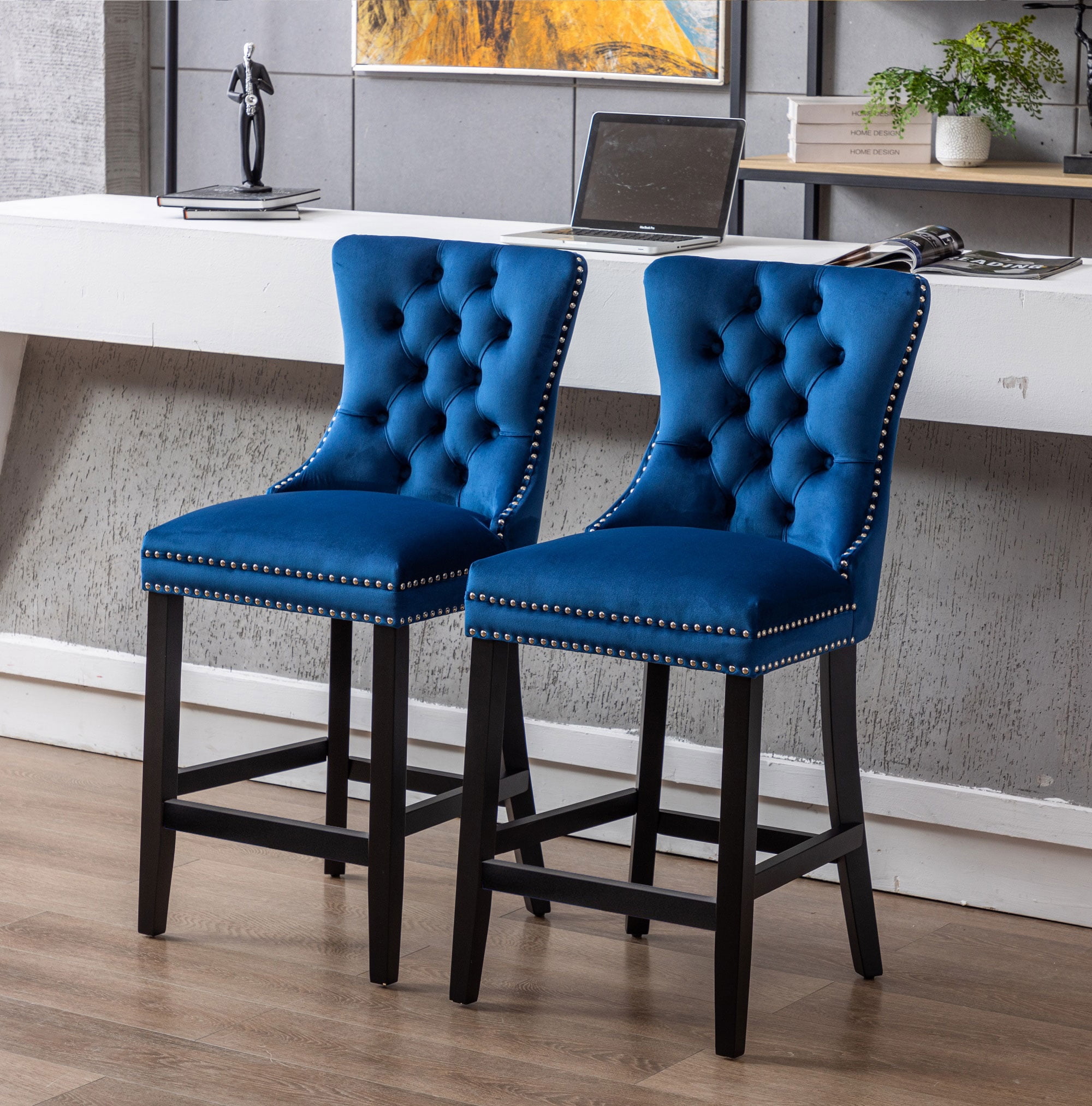 Velvet Upholstered Dining Bar Chairs Counter Height Barstools Wood Legs ...