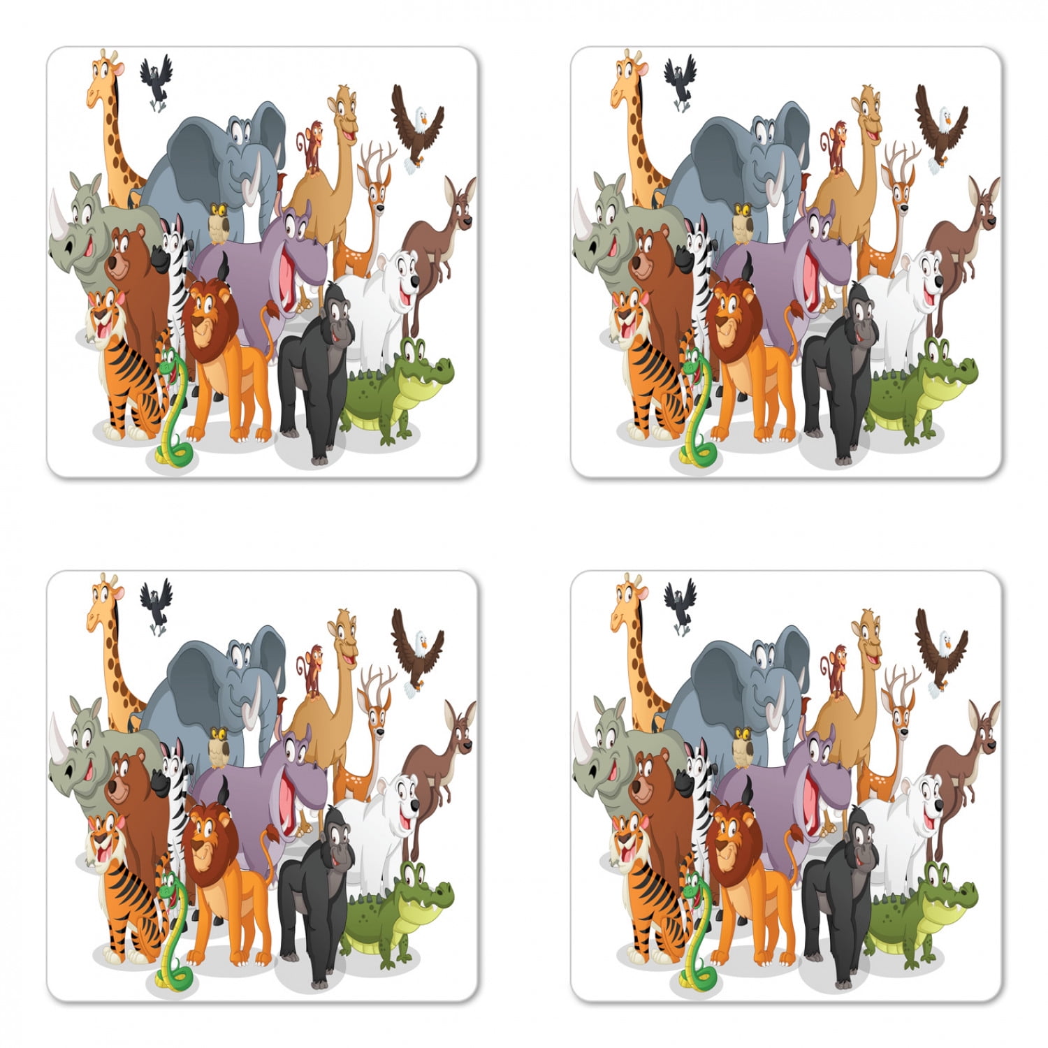 Animals Coaster Set of 4, Group of Cheerful Cartoon Woodland Fauna on ...