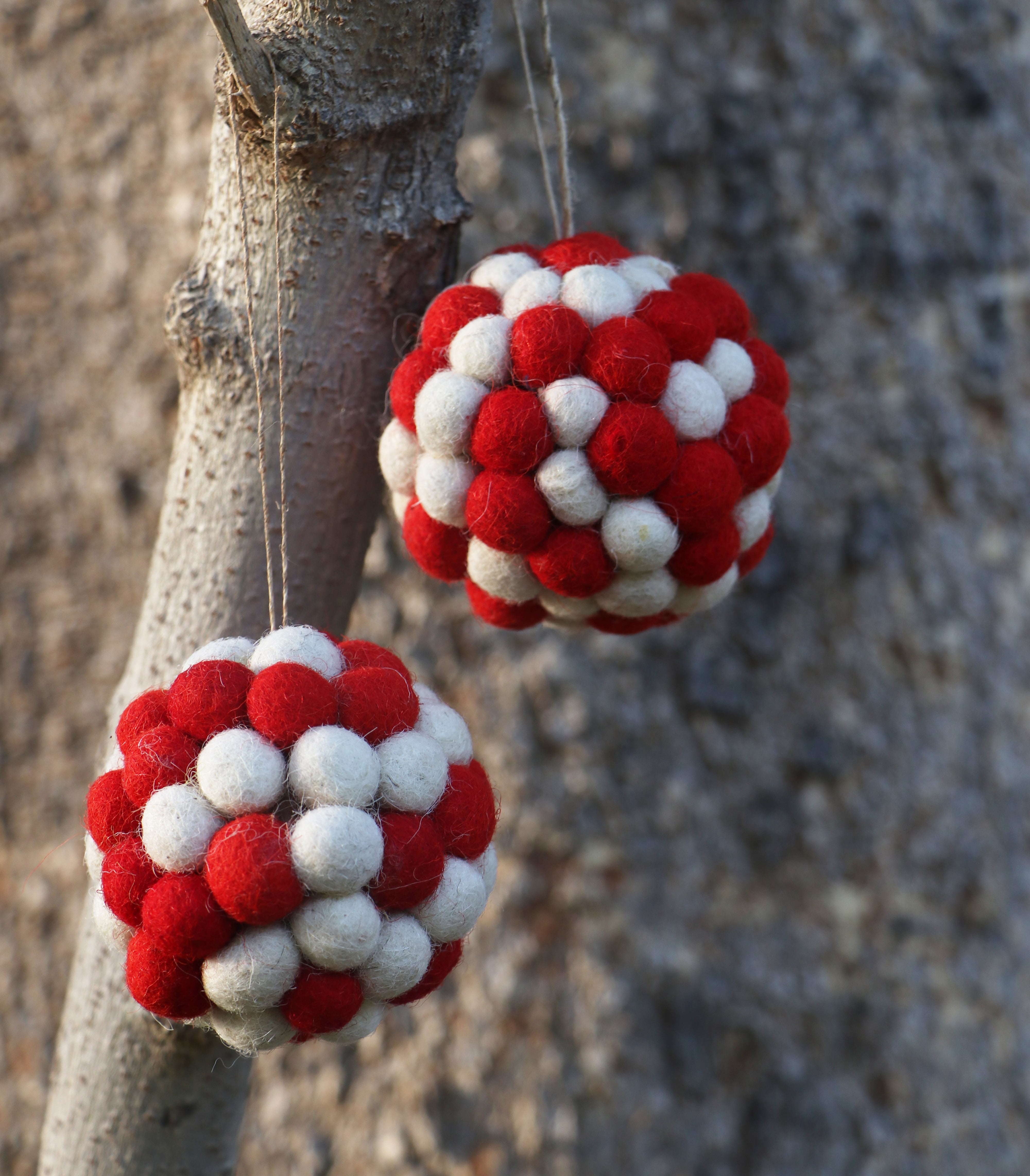 De Kulture Works Wool Red Pom Pom Bauble Ornament Set of 2 Eco Friendly Needle Felted Christmas ...