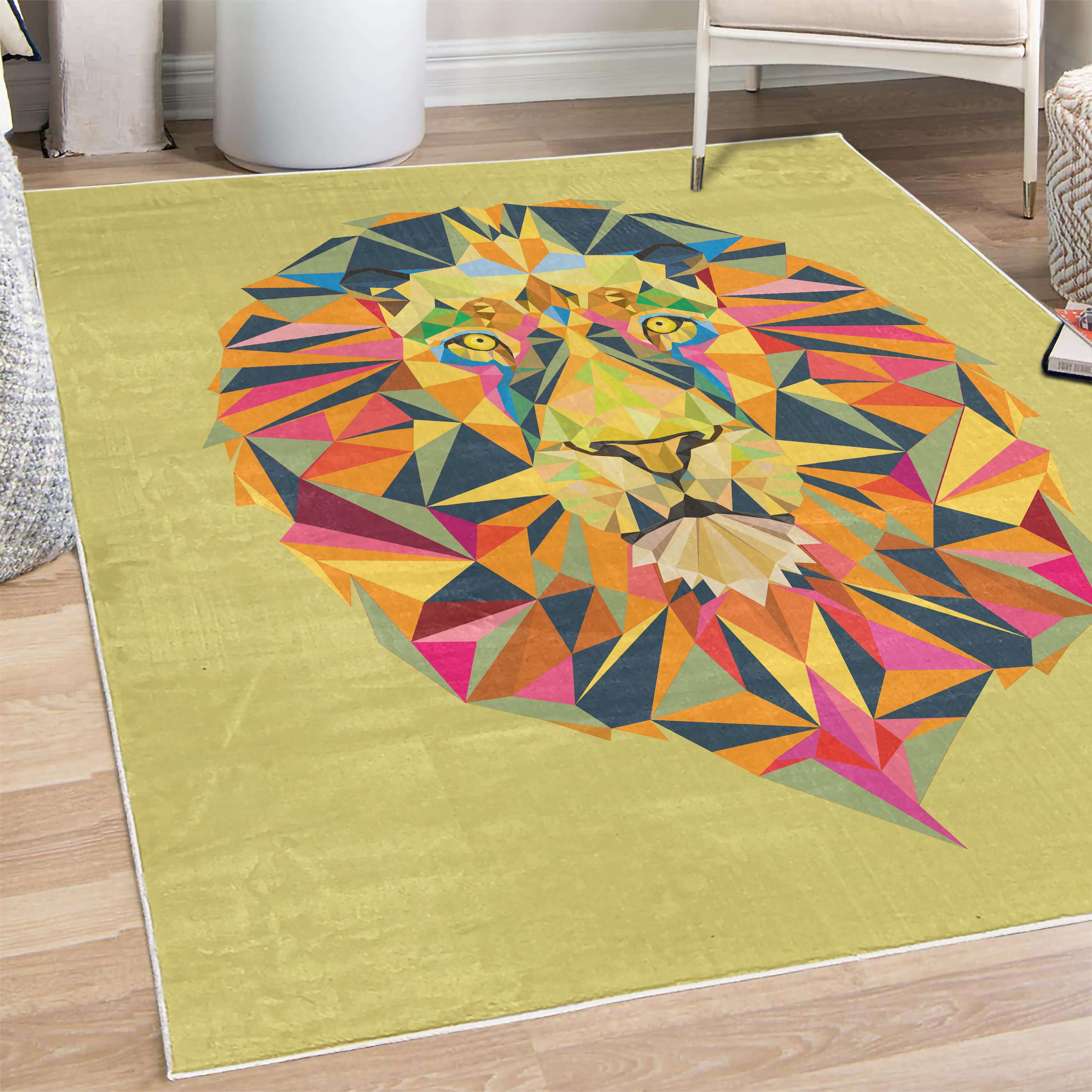 Zoo Decorative Rug, Colorful Animals Geometric Diamond Face Lions Mane ...