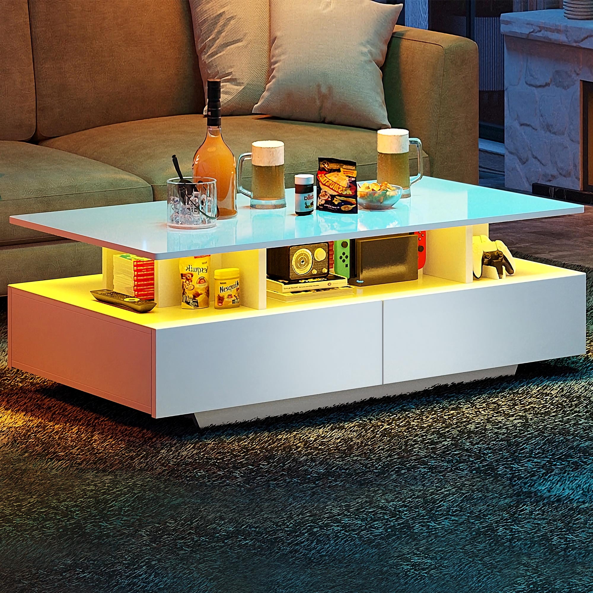DWVO High Glossy LED Center Tables for Living Room, Modern Coffee Table ...