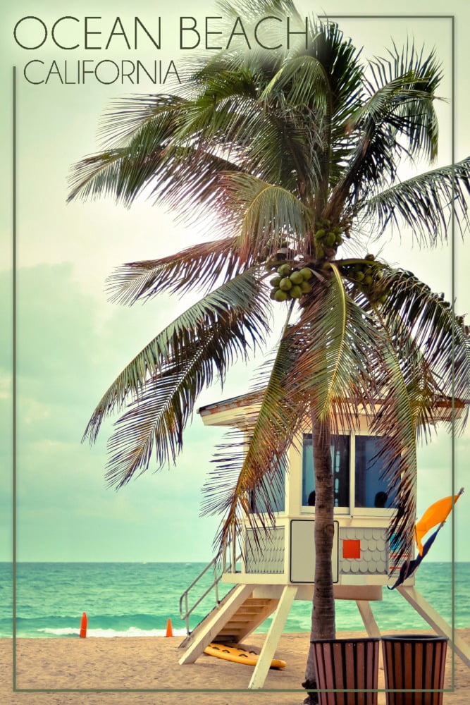 Ocean Beach, California, Lifeguard Shack and Palm (16x24 Giclee Gallery ...