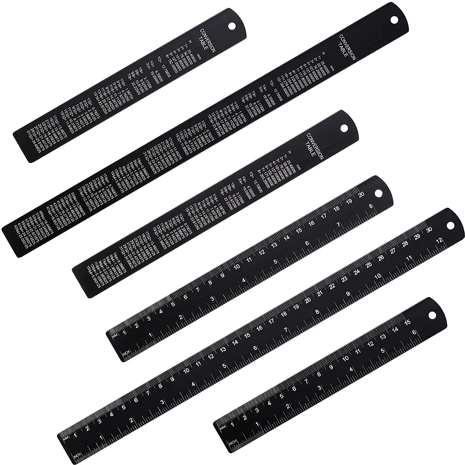 6 Pieces Ruler Metal Straight Edge Kit with Conversion Table, Black ...