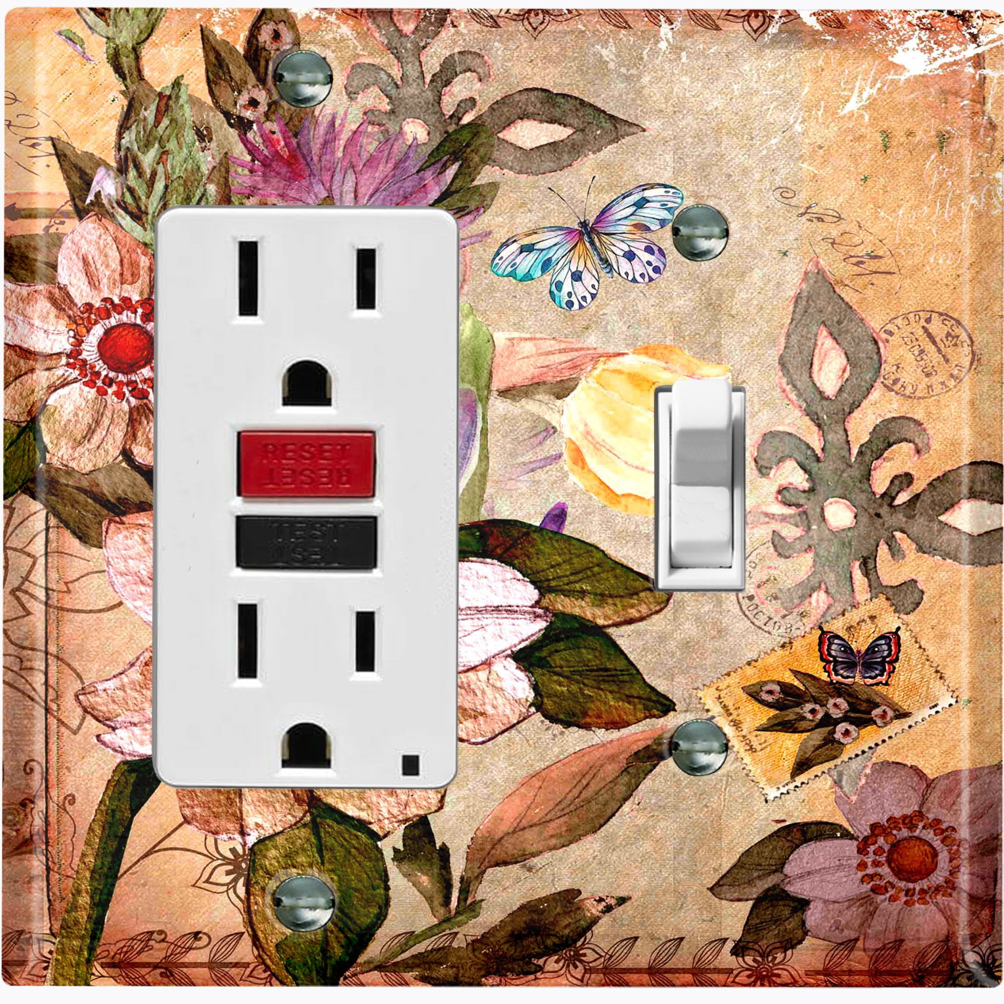 Metal Light Switch Plate Cover Antique Floral Butterfly Stamp Damask ...