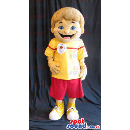 Boy Plush SPOTSOUND Mascot Wearing Red And Yellow Clothes With A Logo ...