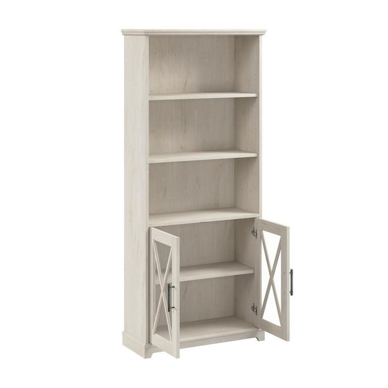 Lennox 5 Shelf Bookcase with Glass Doors in Linen White Oak Engineered Wood