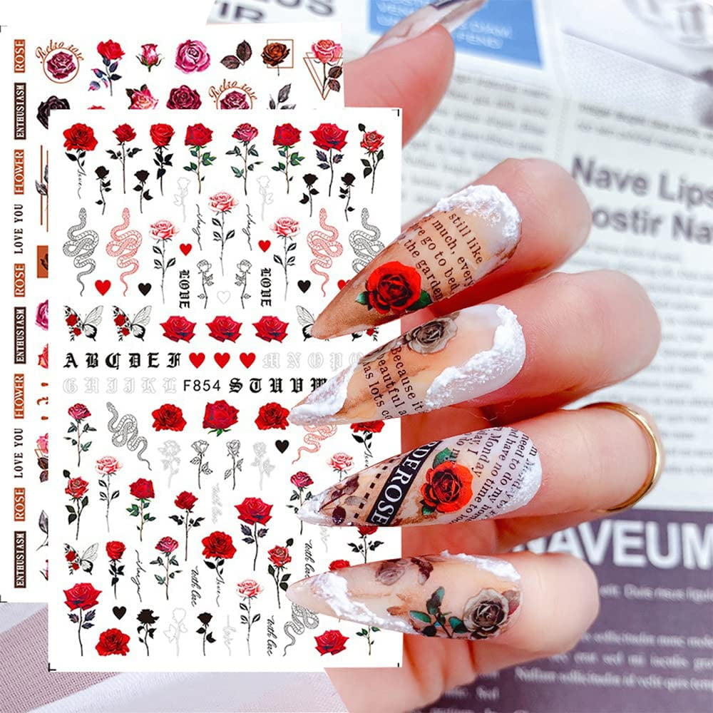 6 Sheets Flower Nail Art Stickers, Spring Rose Nail Decals 3d Self ...