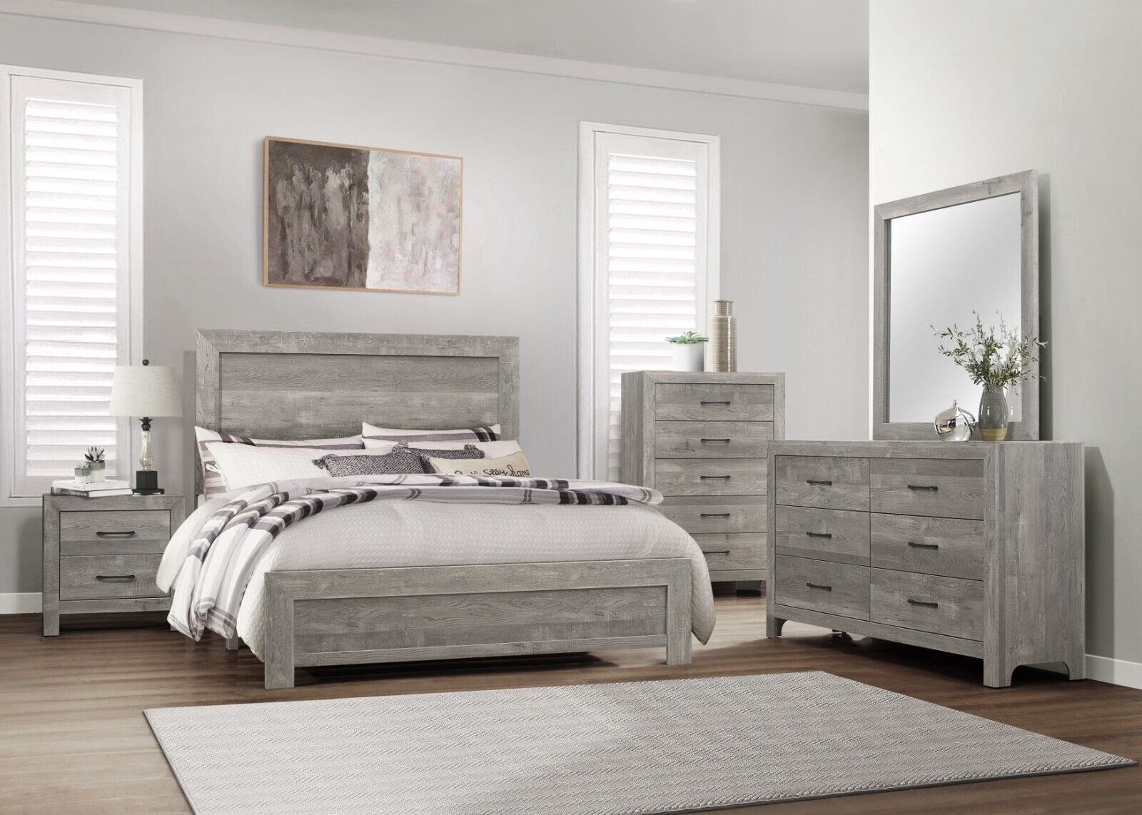 Gray Finish 4pc Bedroom Set Rustic Style Queen Size Bed Nightstand ...