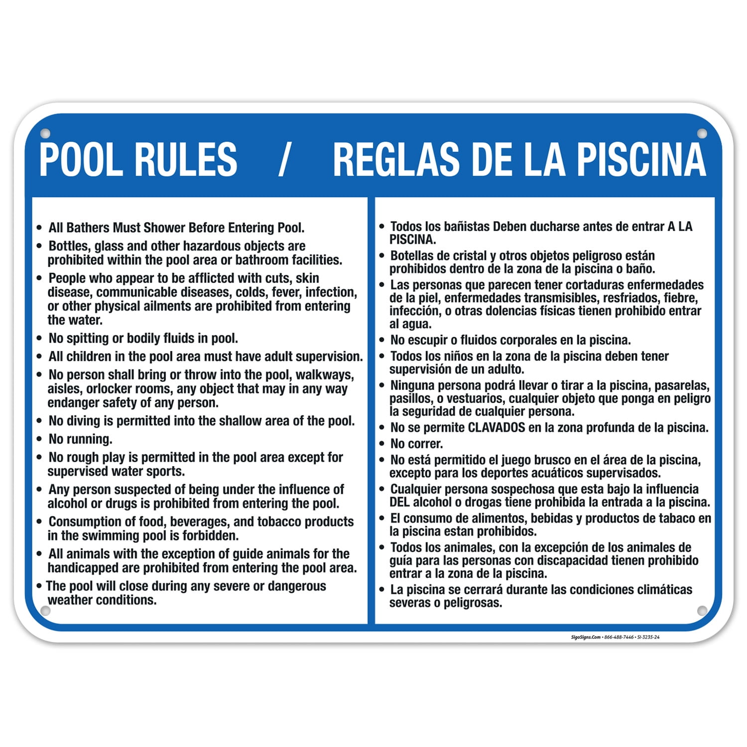 Bilingual Pool Rules Sign, English Spanish, - Walmart.com