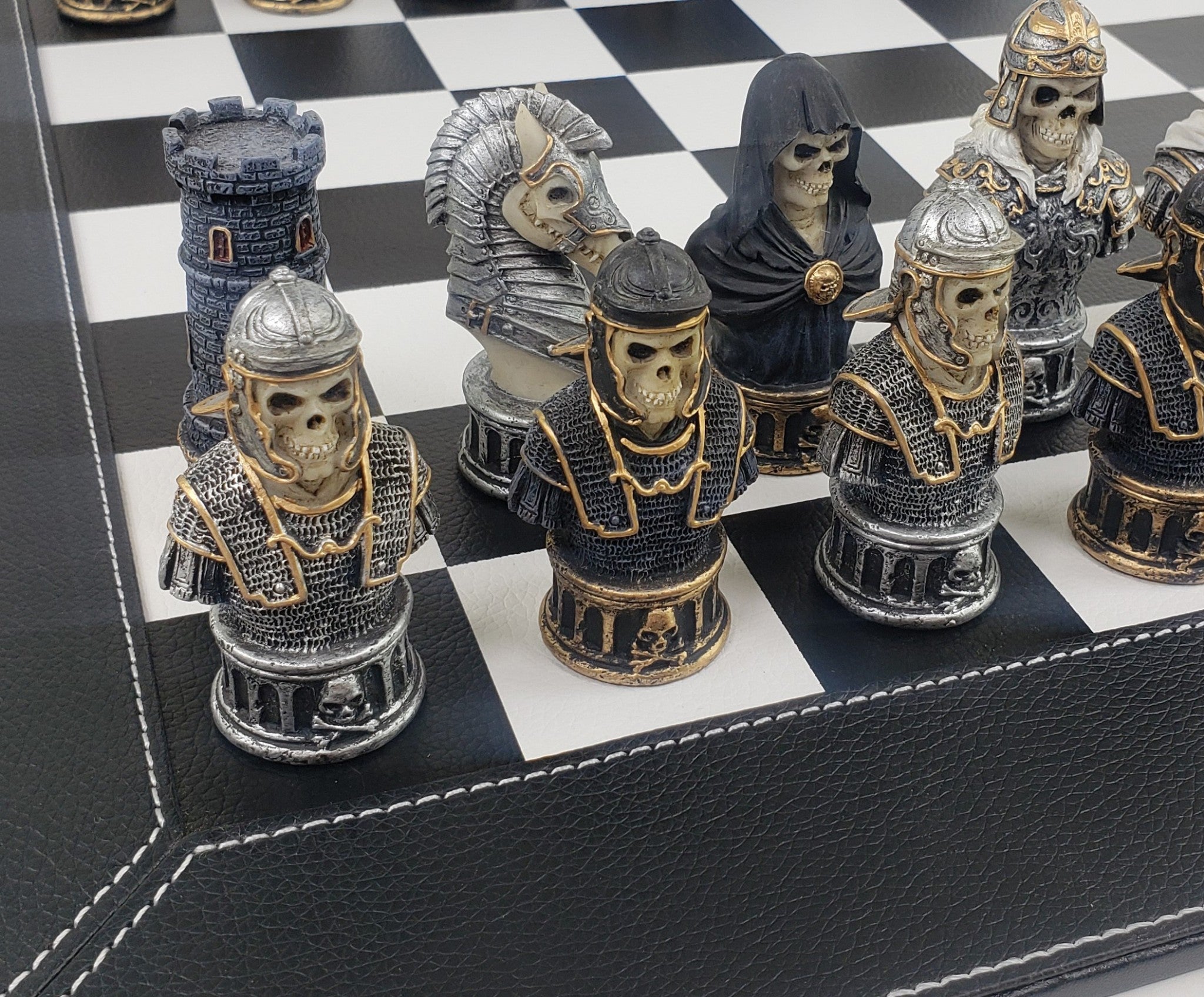 Medieval Times Gothic Skull Busts Chess Set 18" Black & White Faux ...