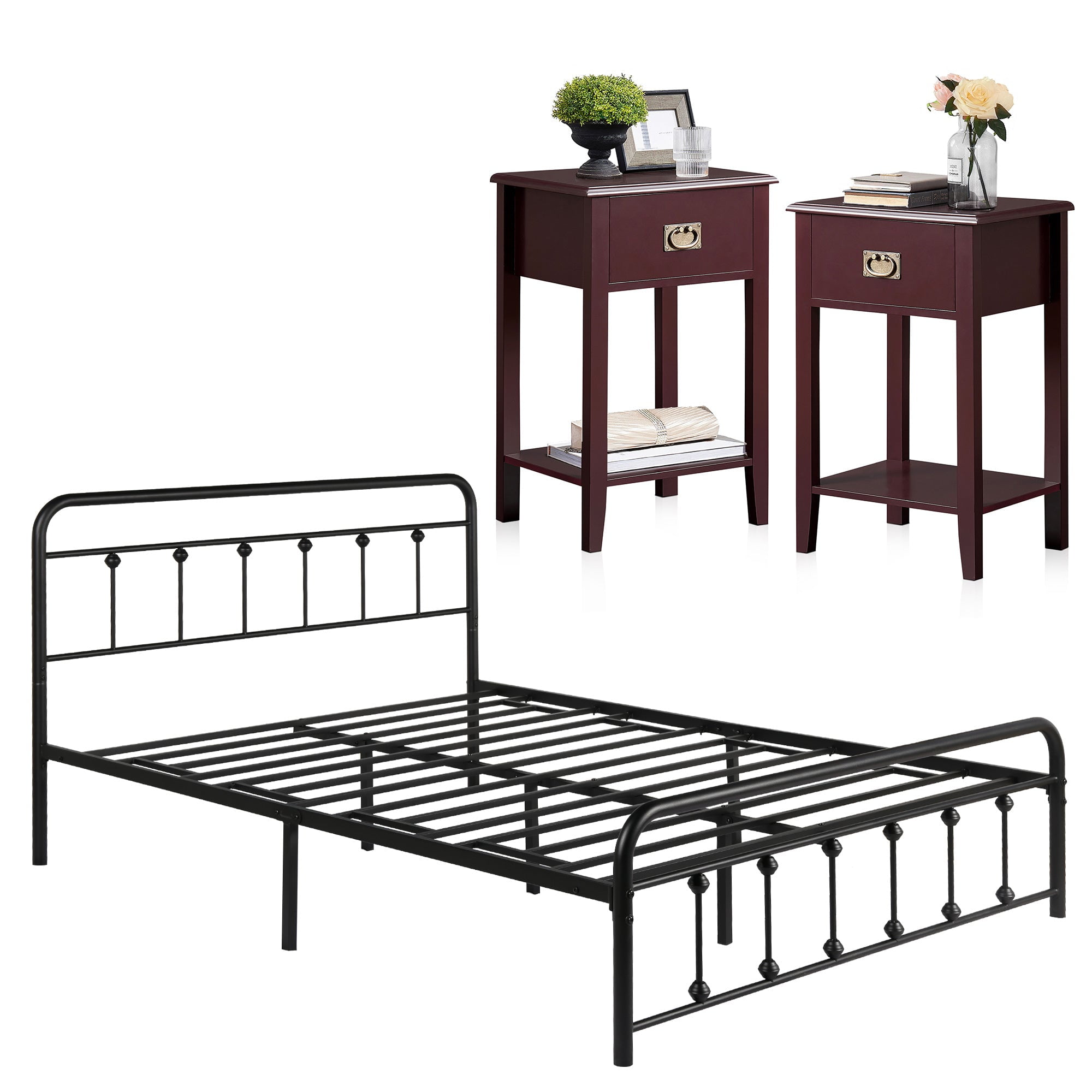 VECELO 3-Piece Bedroom Sets Metal Bed Frame and 2 Nightstand - Walmart.com