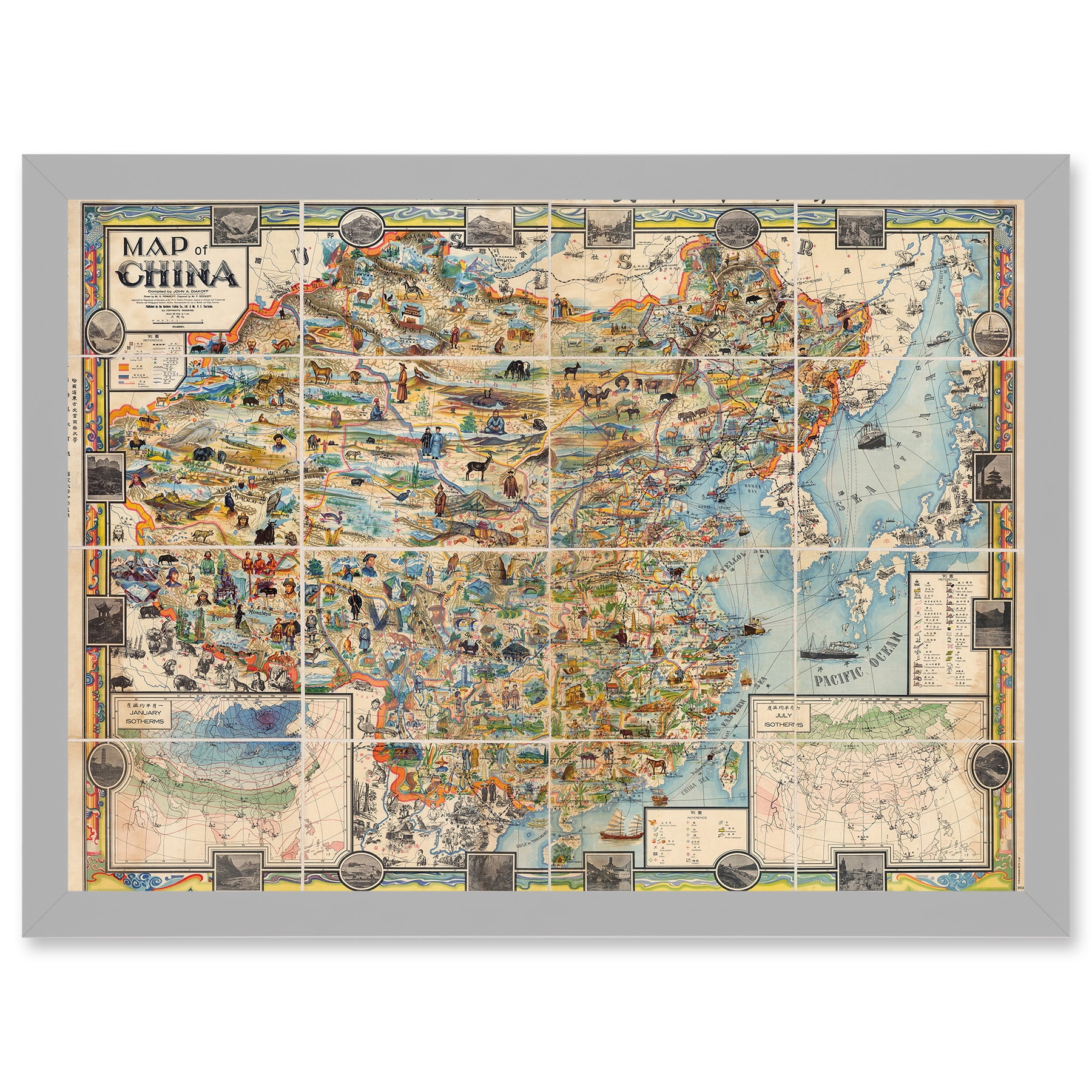 Map Diakoff 1931 China Pictorial Unfolded Artwork Framed Wall Art Print ...
