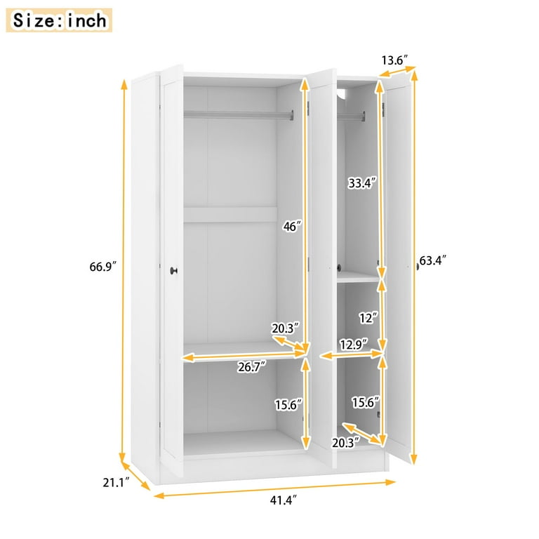 LOUHME Stylish 3 Door Wardrobe with Shelving and Hanging Rod Spacious Freestanding Bedroom Armoire Organizer White